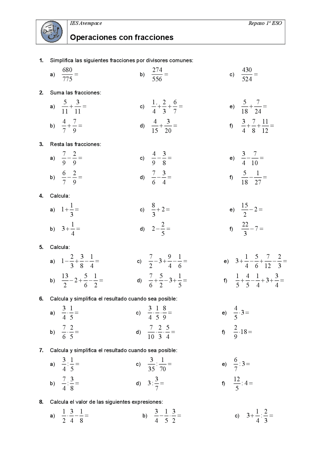 Ejercicios fracciones | Ejercicios de Matemáticas | Docsity