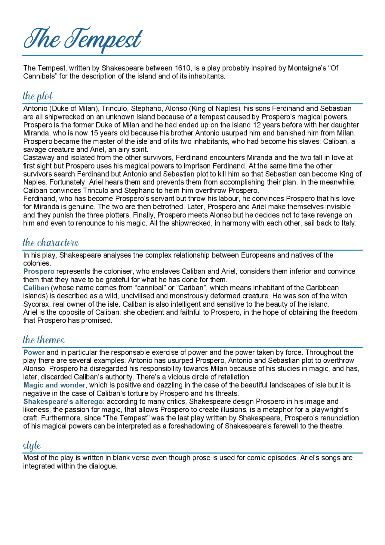 The Tempest by Shakespeare: plot, characters, themes,... - Docsity