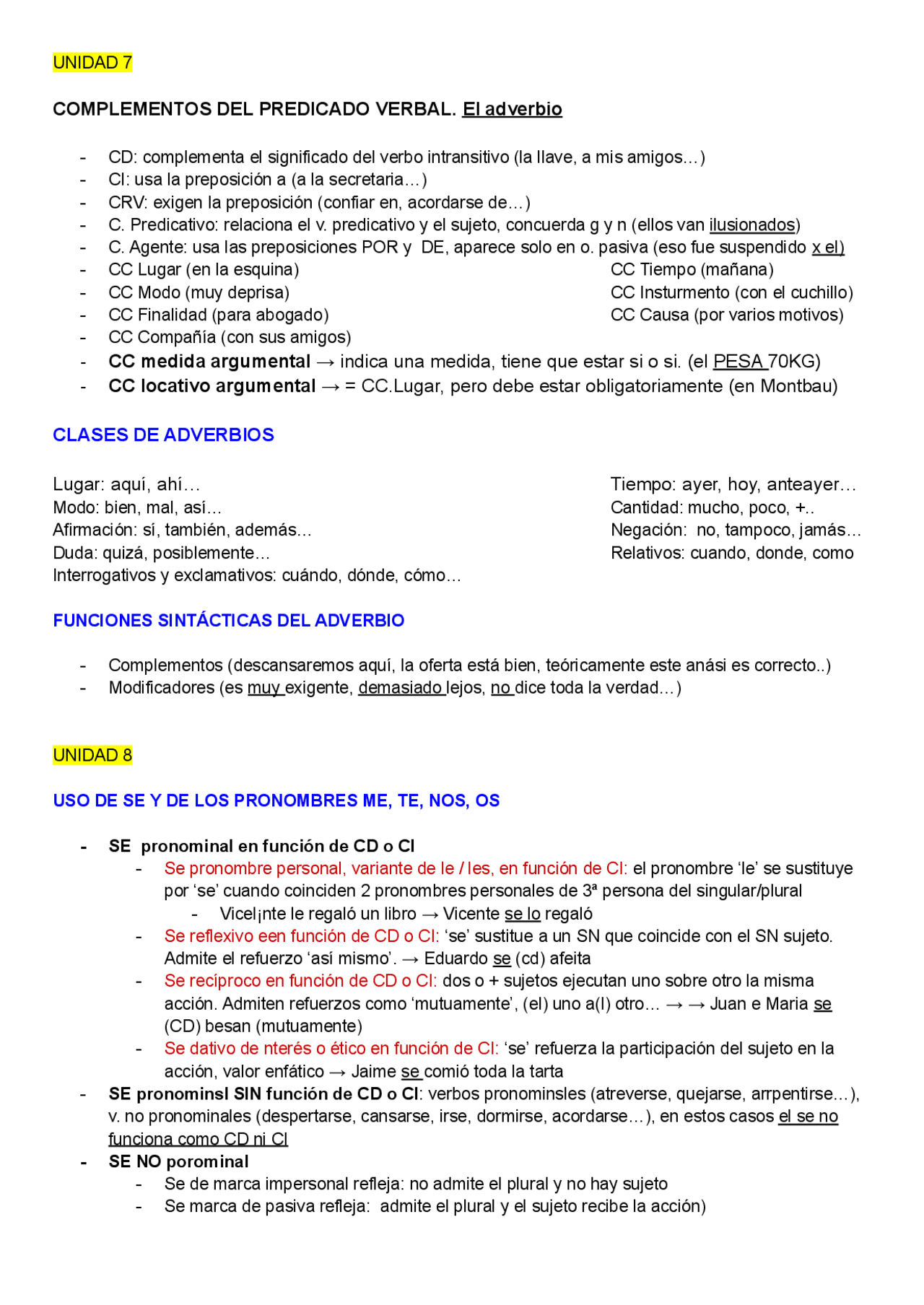 Usos del se, pronombres y adverbios - Docsity