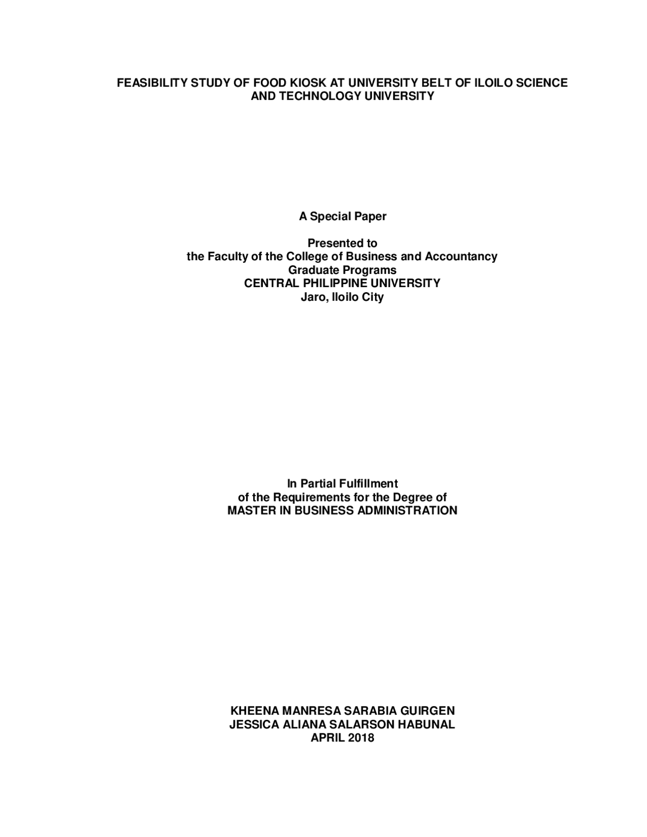 Feasibility Study of Food Kiosk at University Belt of Iloilo Science ...
