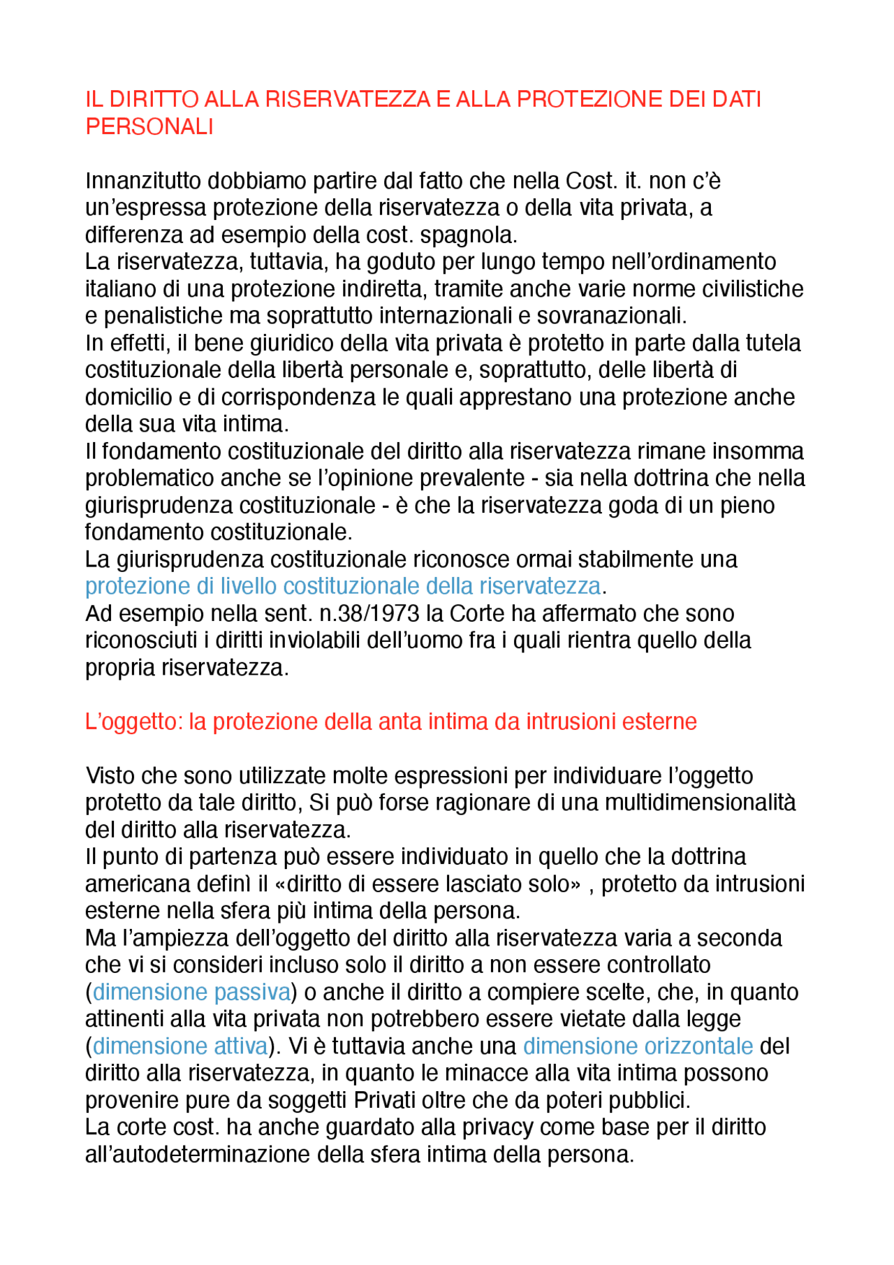 Diritto alla riservatezza e alla protezione dei dati personali - Docsity