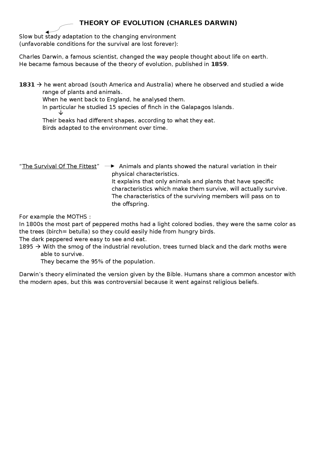 Theory Of Evolution Darwin Docsity