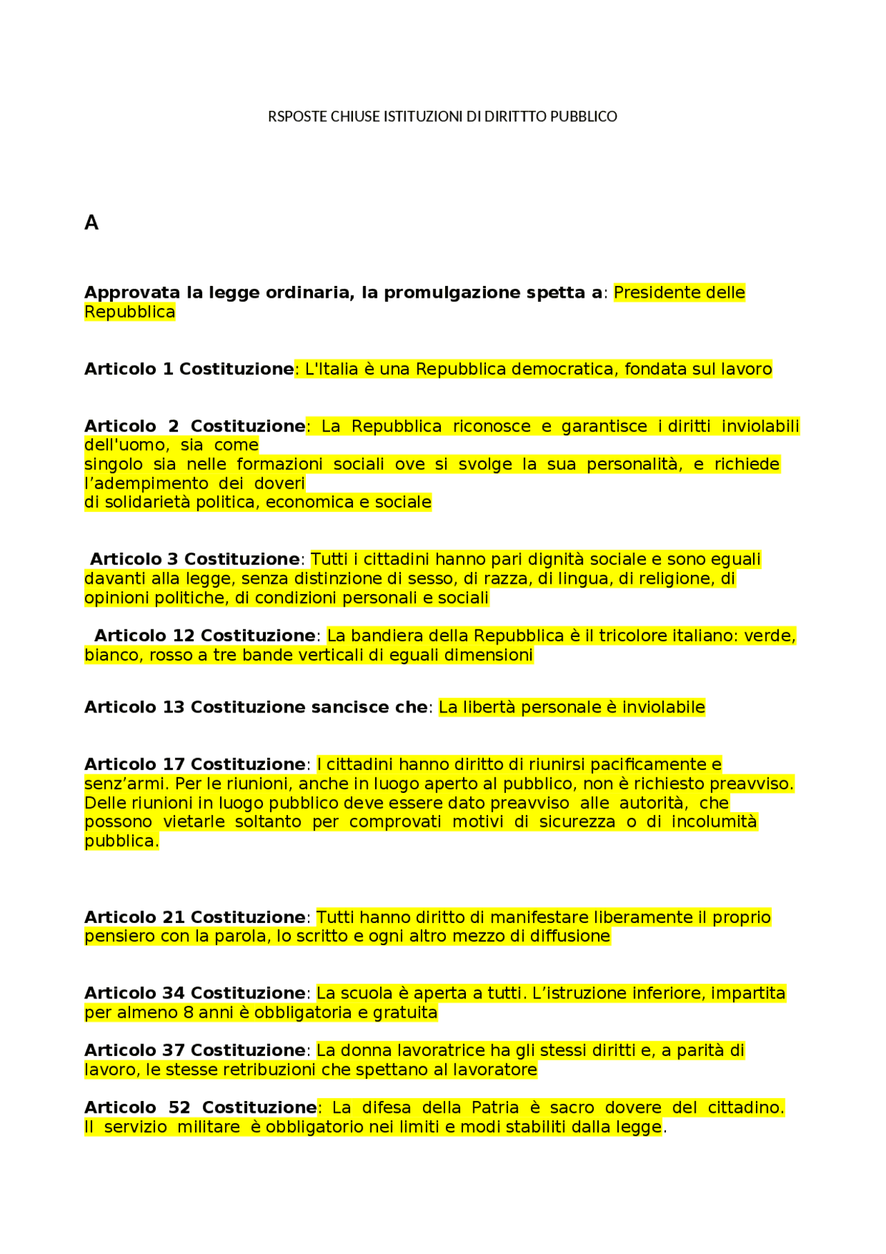 Risposte chiuse istituzioni diritto pubblico in ordine alfabetico - Docsity