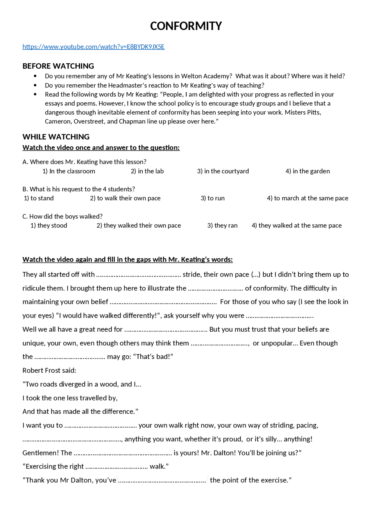 Dead poets' society - video clip analysis - CONFORMITY - Docsity