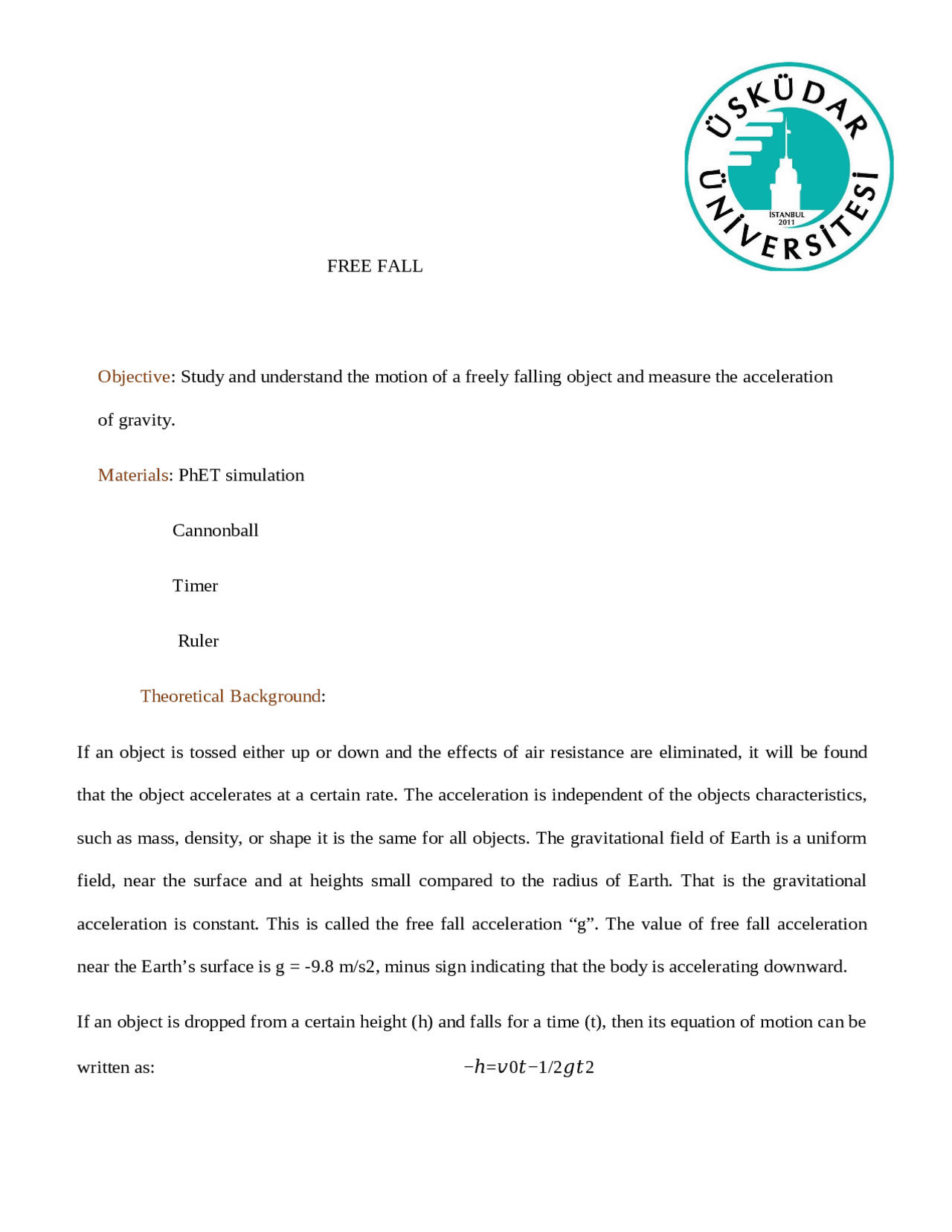 Physics Lab Report Free Fall Basic Docsity