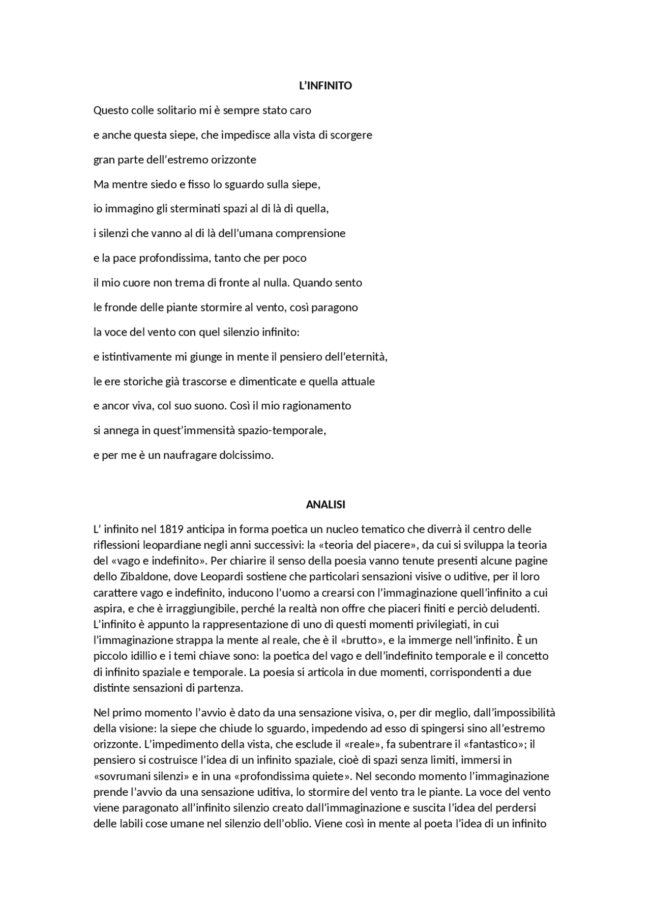 Poesia L'Infinito, analisi e commento. - Docsity