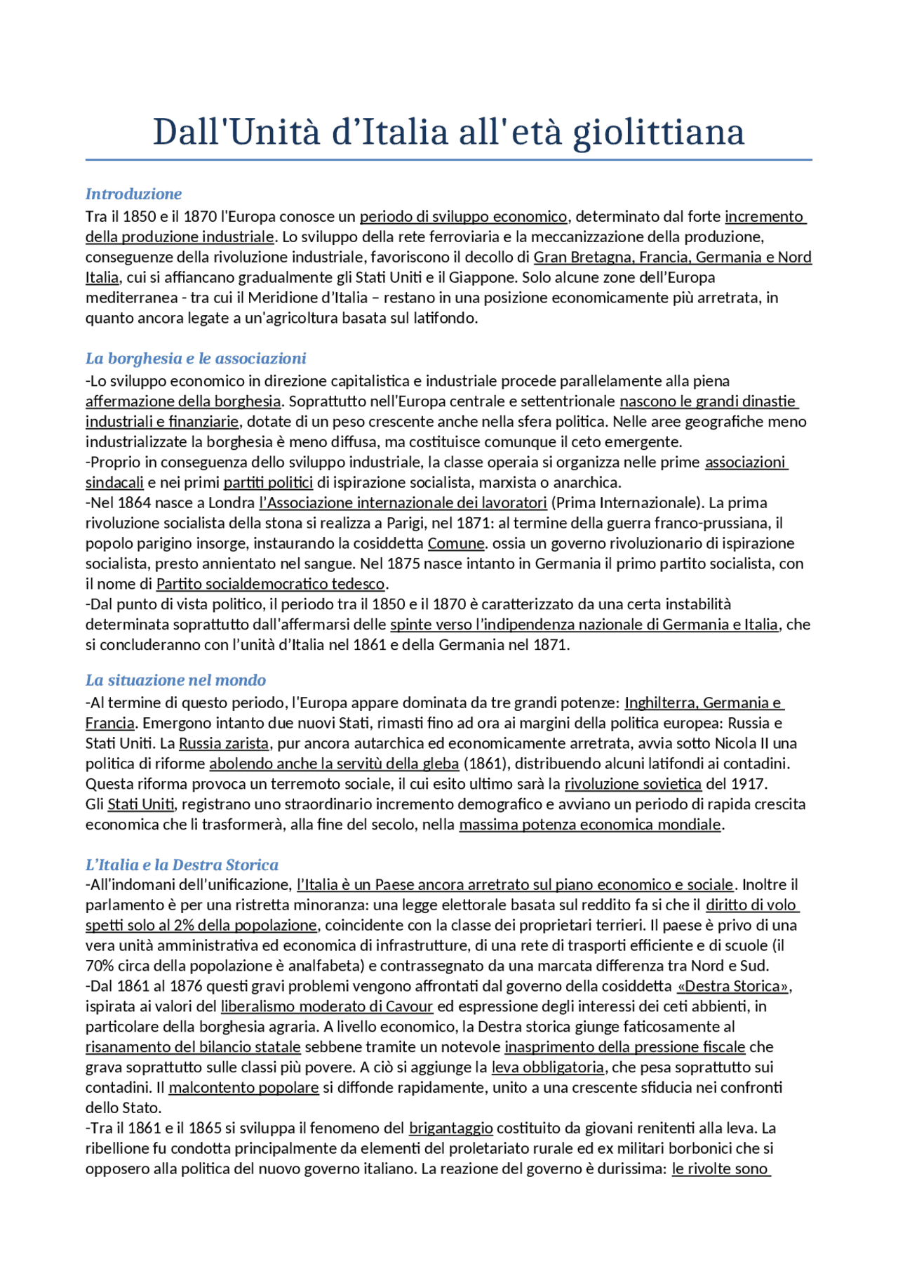 DALL'UNITA' D'ITALIA A GIOLITTI | Study notes History | Docsity