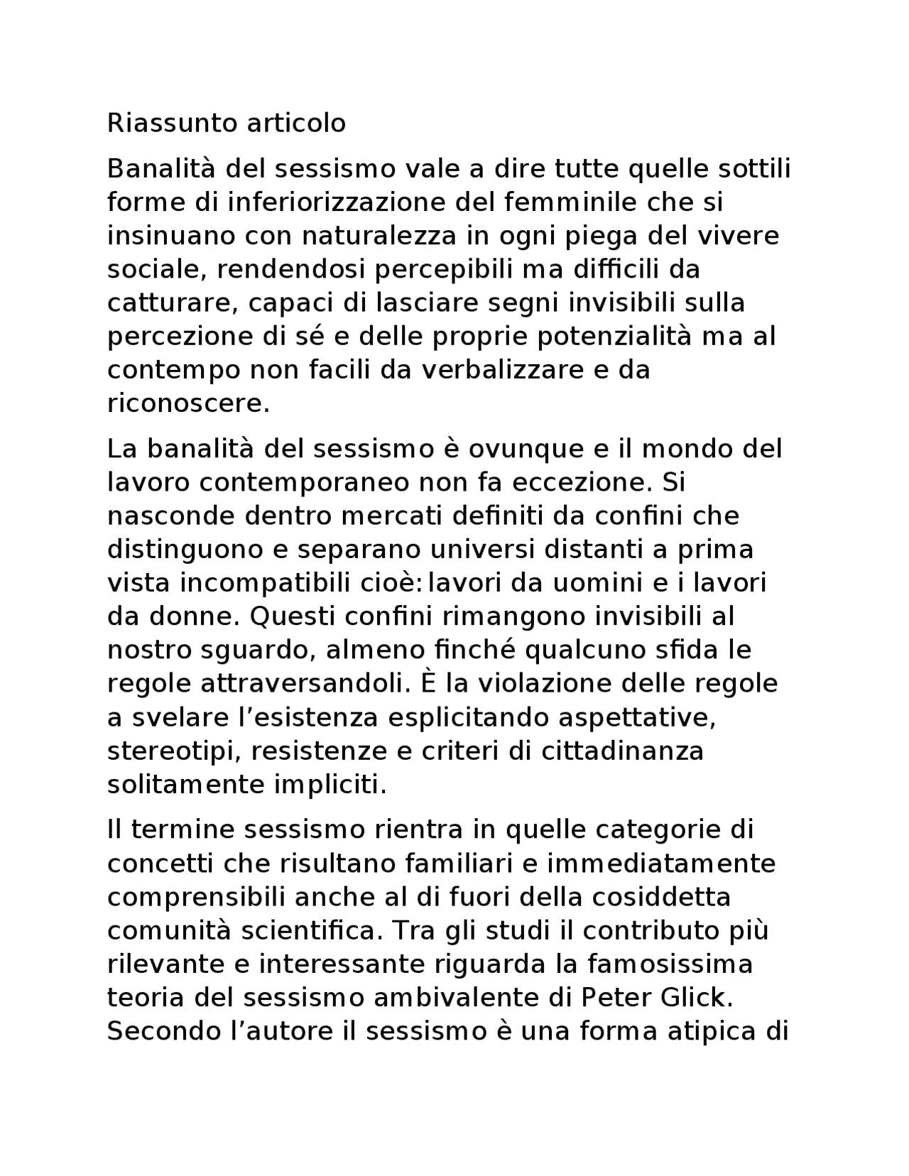 Riassunto articolo “Sulla banalità del sex-ismo." - Docsity