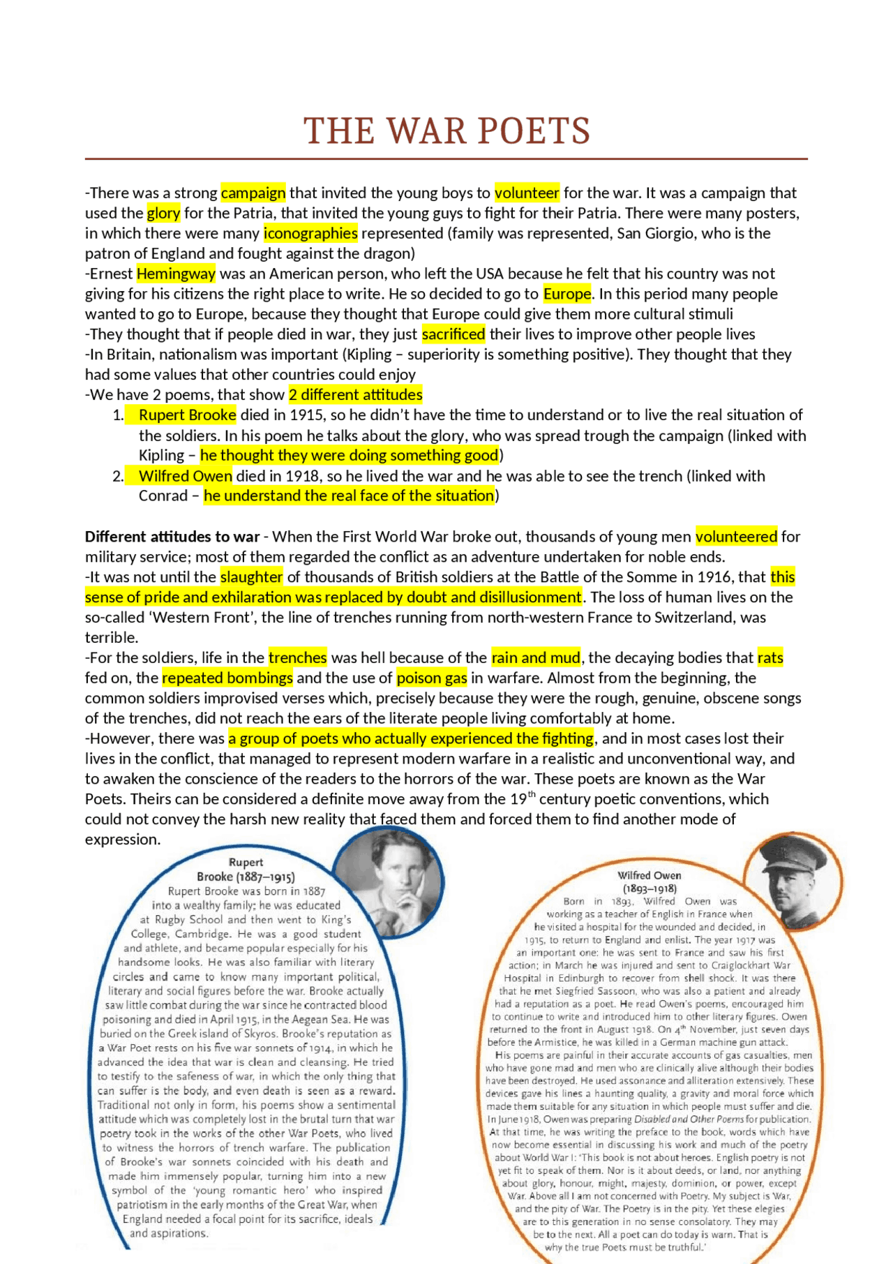 WAR POETS (Rupert Brooke, Wilfred Owen, +W.H. Auden) - Docsity