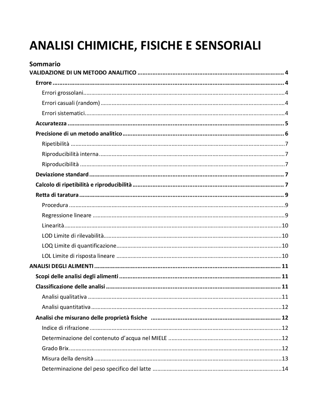 Analisi chimiche, fisiche e sensoriali degli alimenti | Appunti di Scienze degli Alimenti | Docsity