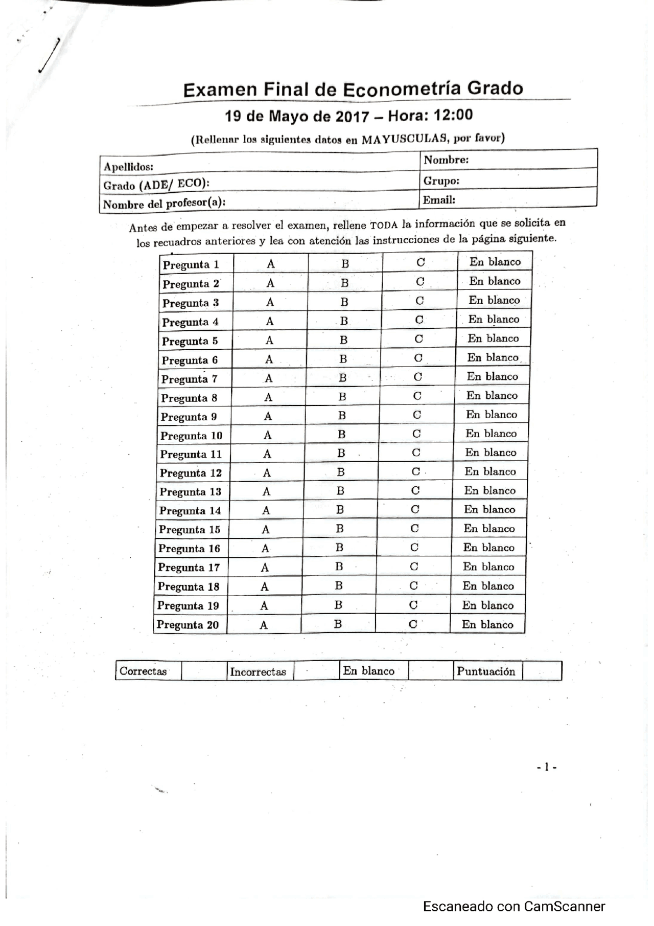 EXAMEN FINAL ECONOMETRÍA UCM (Grado ADE) Enunciado + solución | Exámenes de Econometría - Docsity