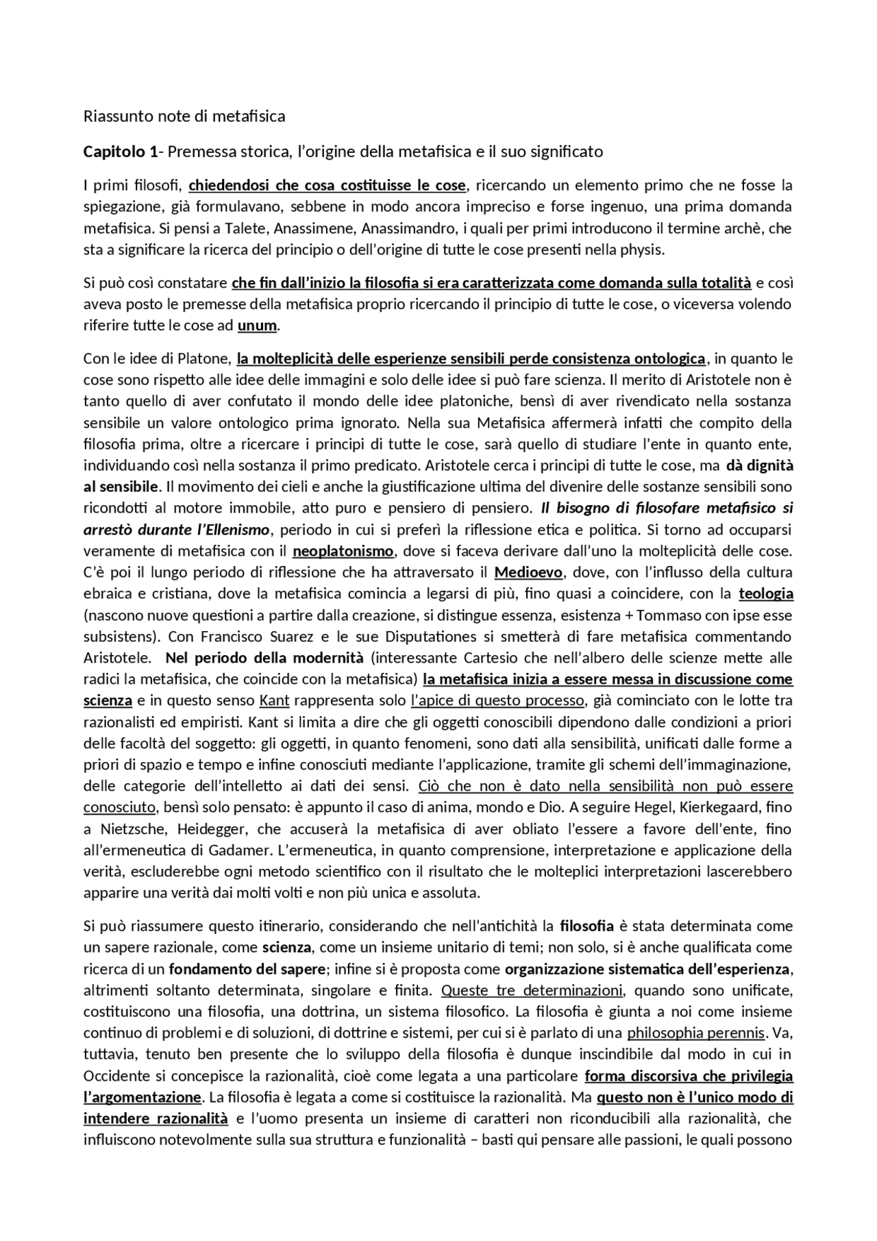 Metafisica Generale Riassunto Generale Docsity