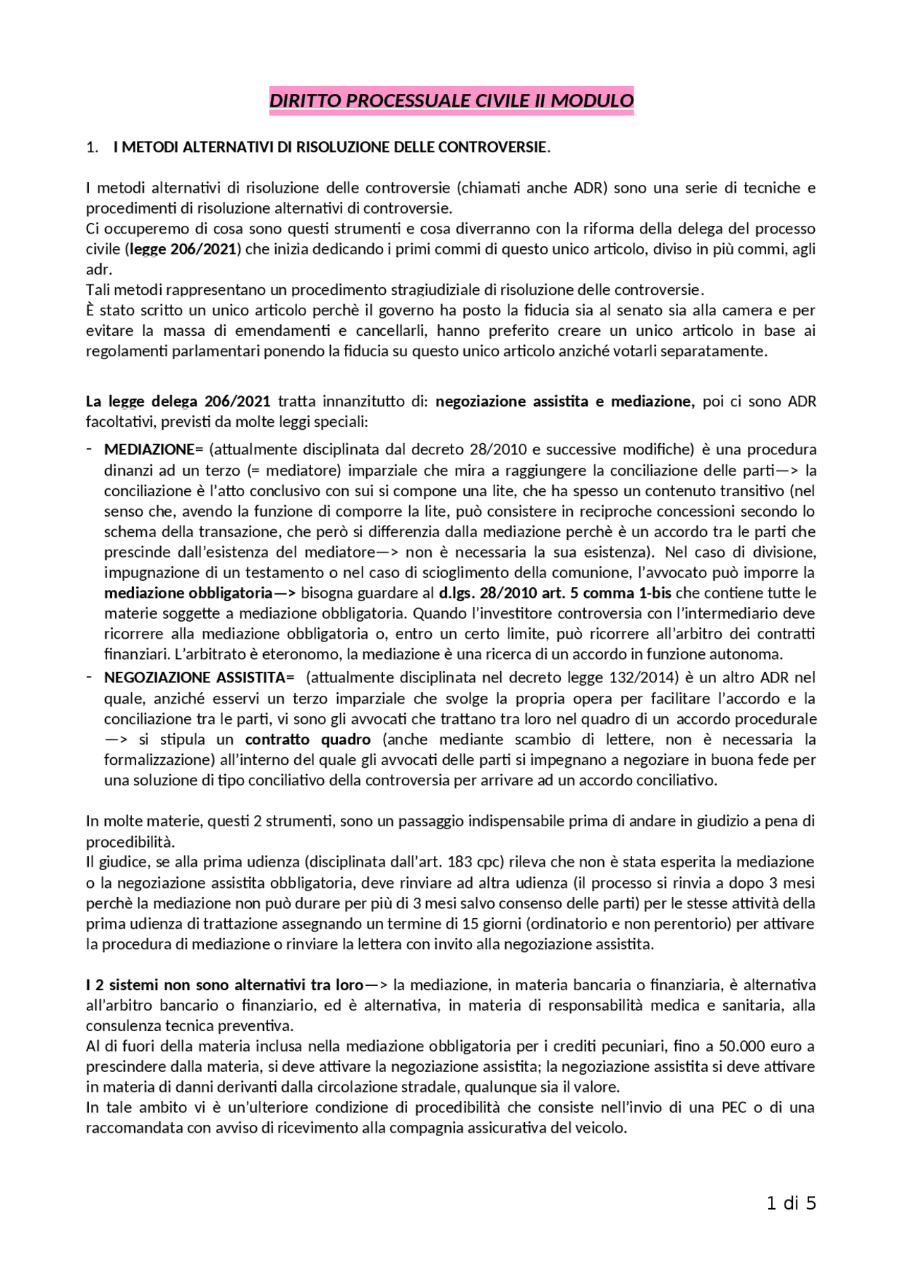 Diritto Processuale Civile Modulo 1 Appunti Di Diritto Processuale