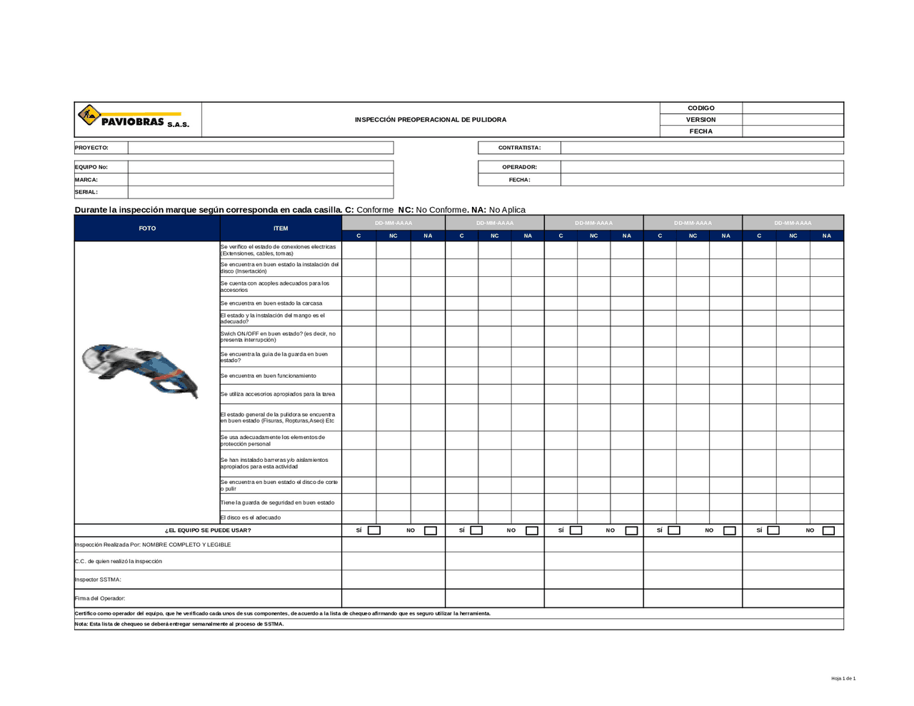 INSPECCIÓN PREOPERACIONAL PULIDOR - Docsity
