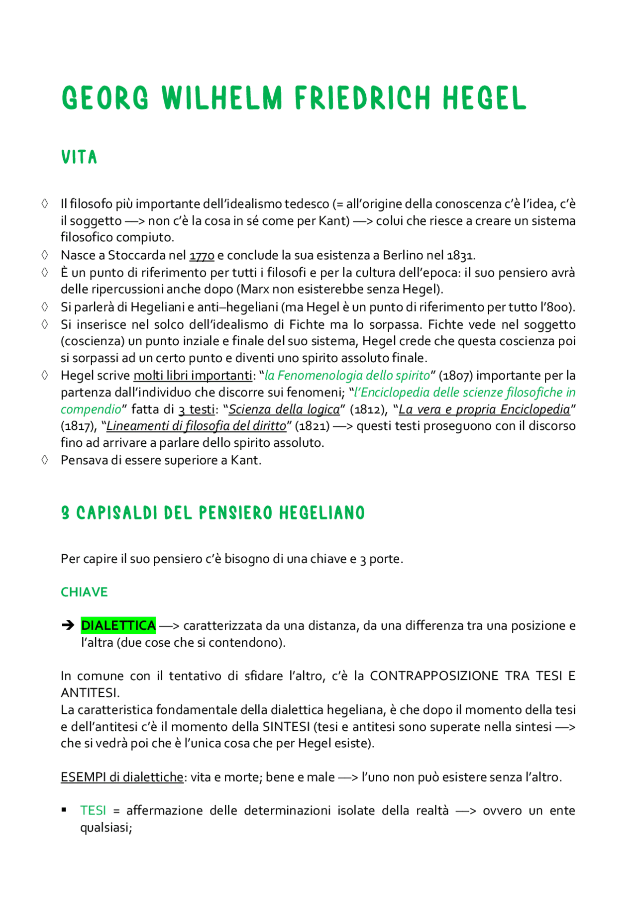 Georg Wilhelm Friedrich Hegel: vita e opere - Docsity