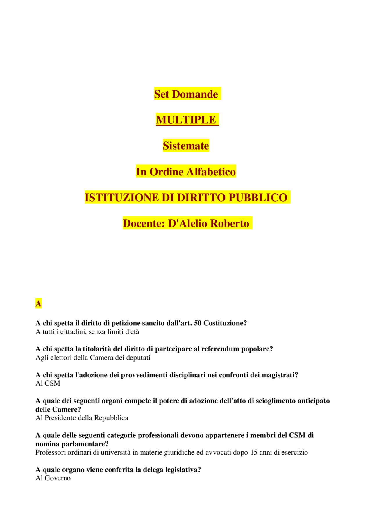Istituzione Di Diritto Pubblico Domande Multiple Dalelio Roberto