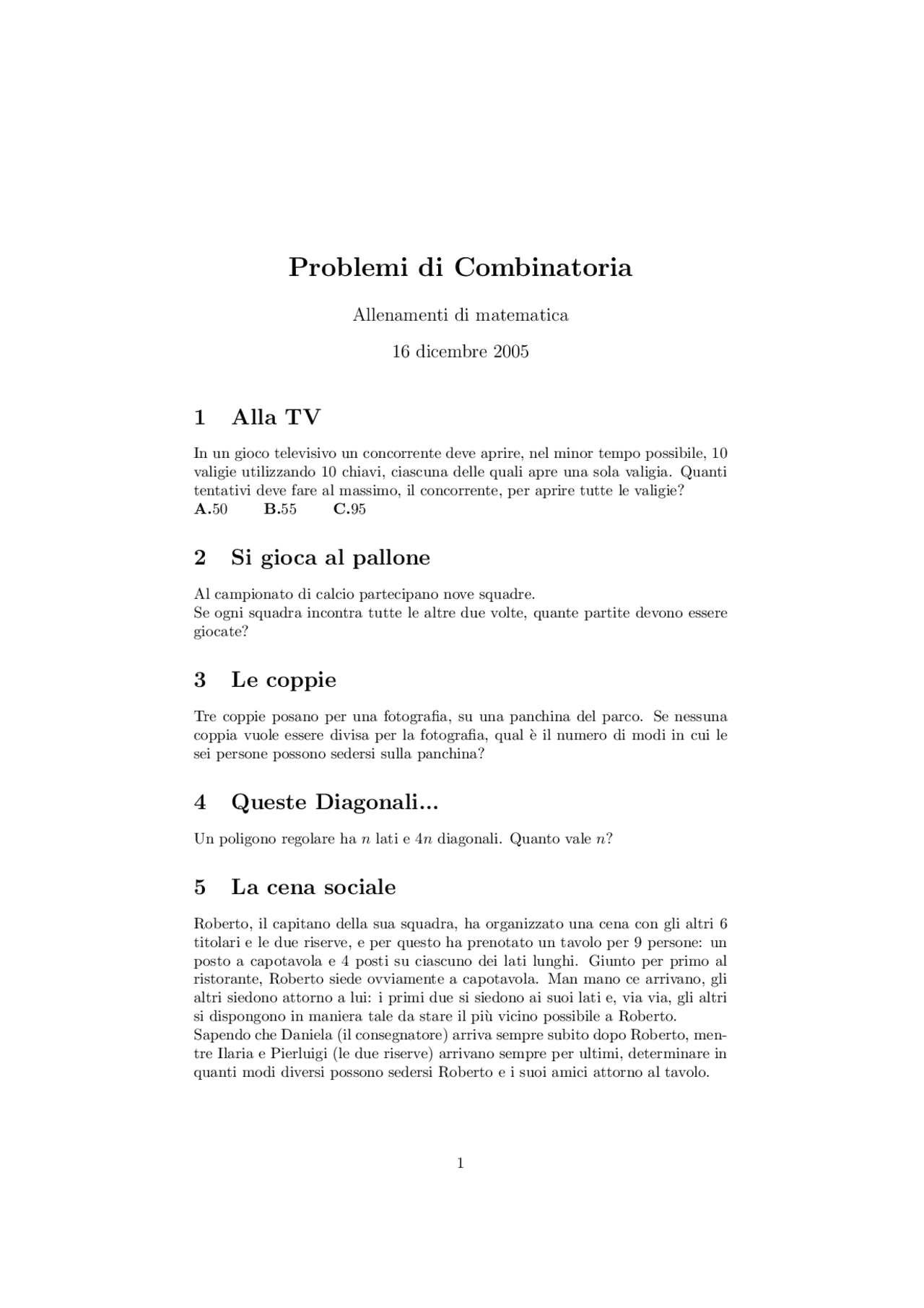 Problemi semplici di combinatoria | Ejercicios de Matemáticas | Docsity