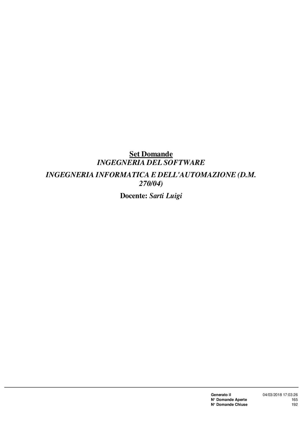 Paniere Ingegneria Del Software Prof Sarti Luigi Docsity