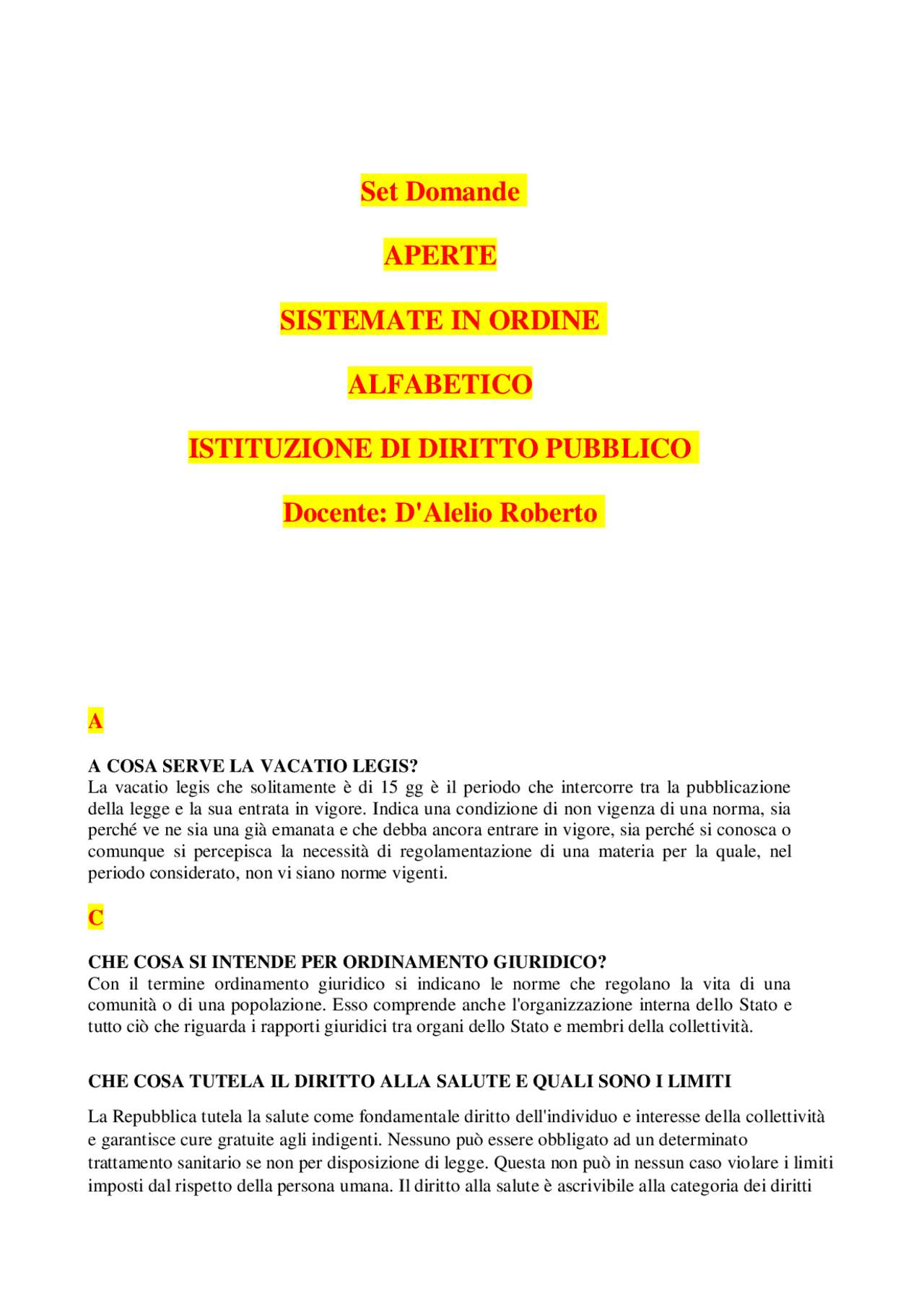 ISTITUZIONE DI DIRITTO PUBBLICO Domande APERTE in ORDINE (D'Alelio Roberto) | Panieri di ...