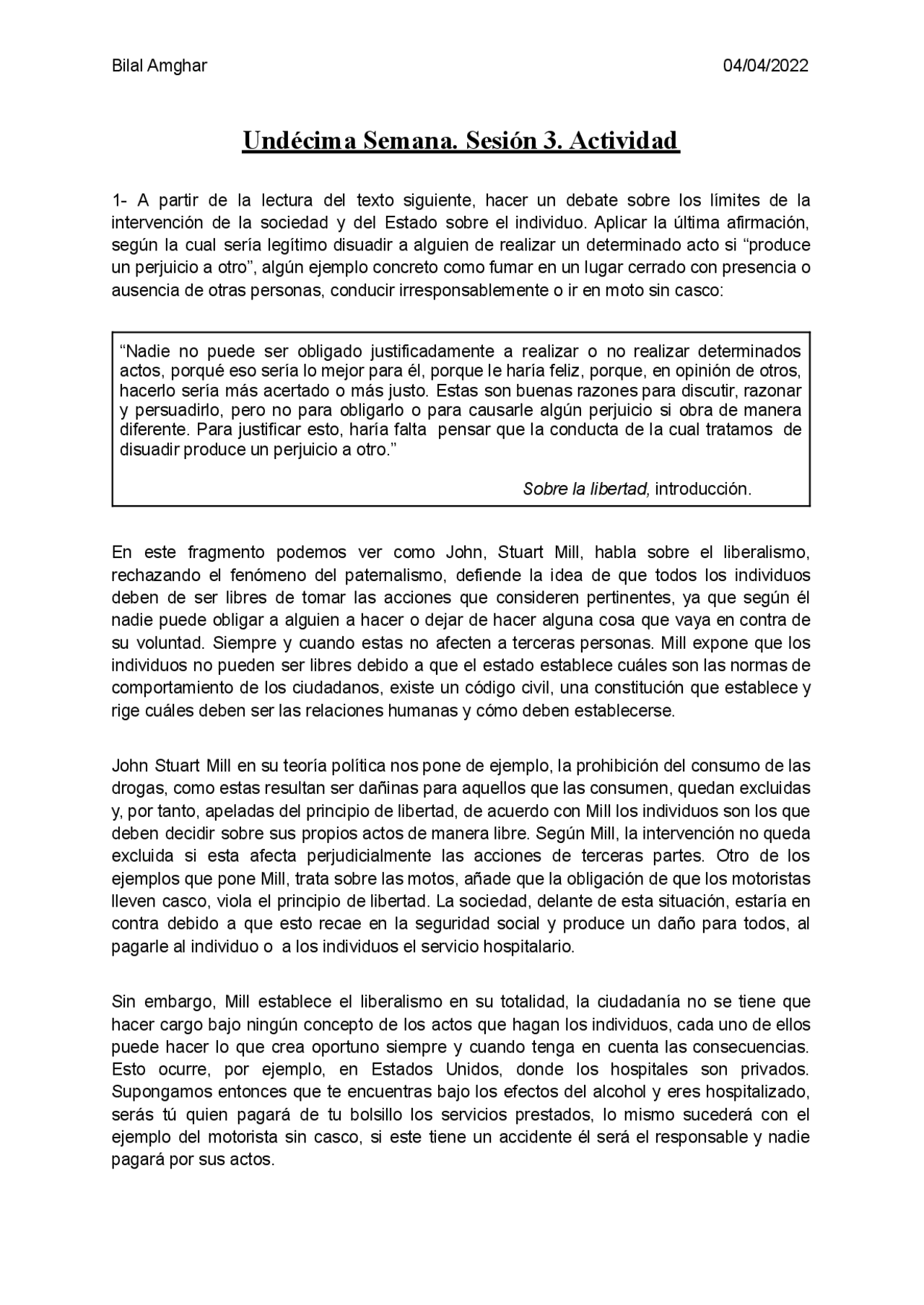 Comentario de Texto, John Stuart Mill. - Docsity