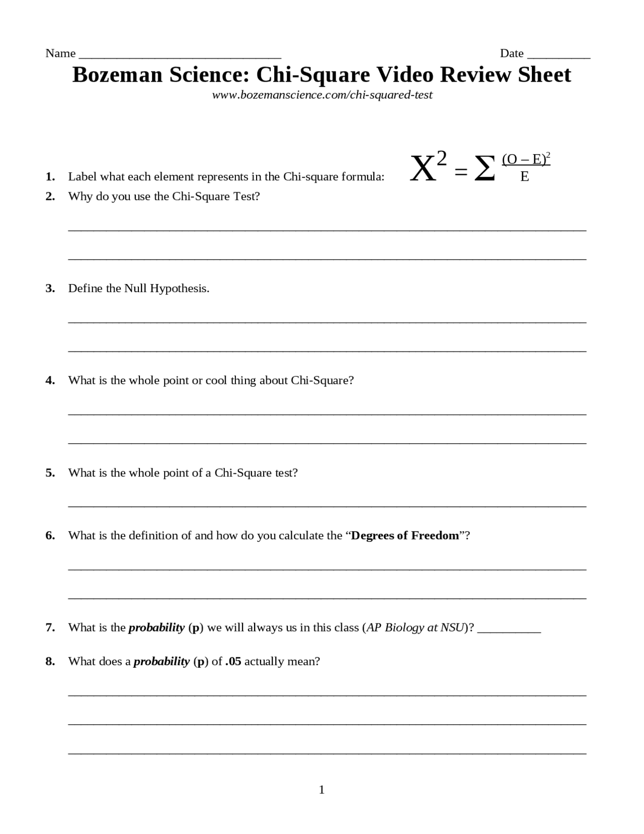 Bozeman Worksheet - Chi Square | Exercises Biology | Docsity