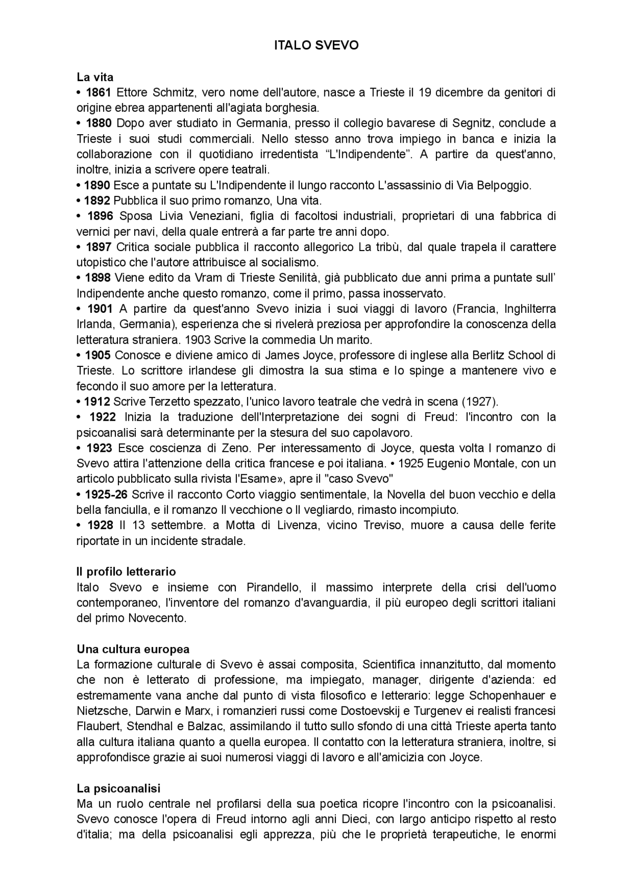 Italo Svevo: vita e opere - Docsity