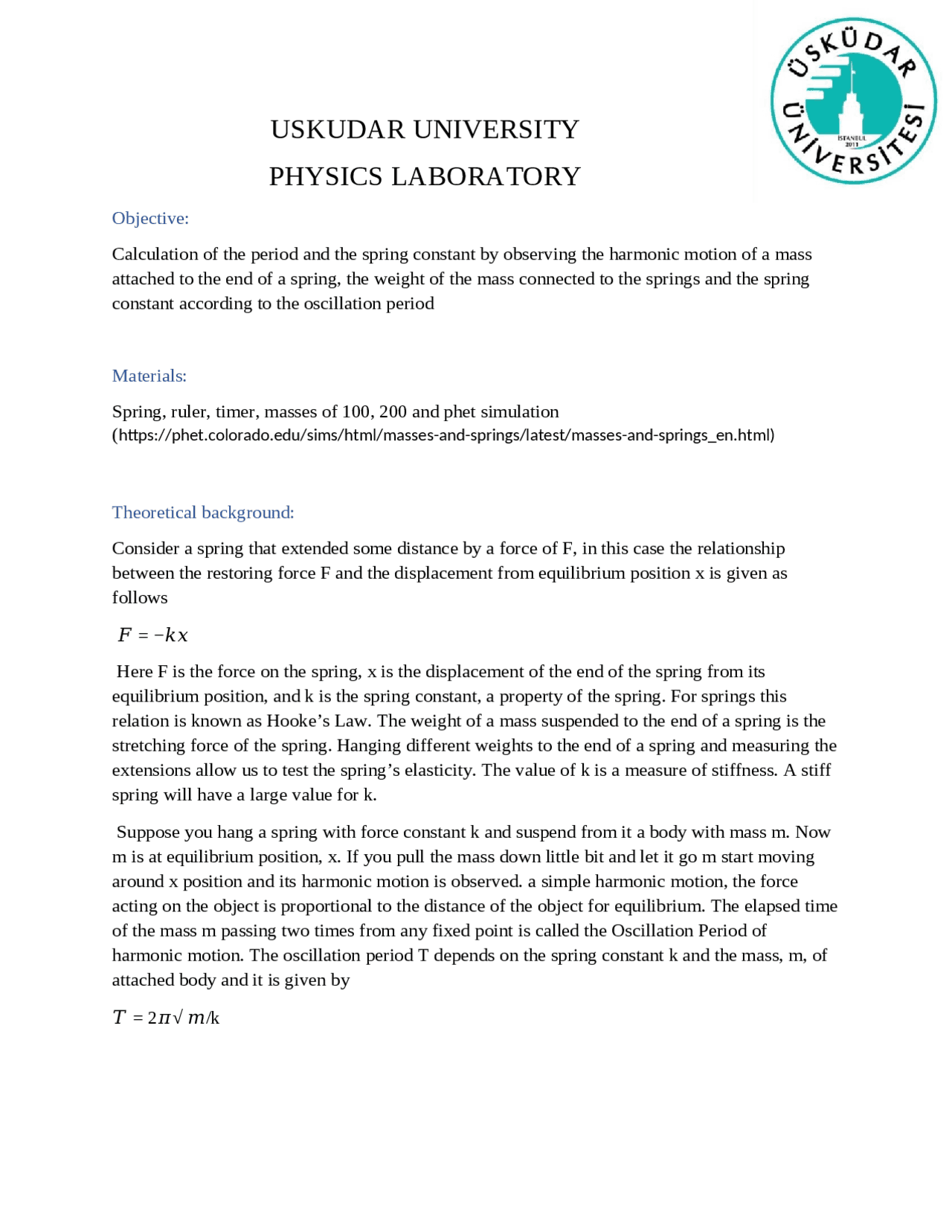 Spring constant , lab report | Lab Reports Physics | Docsity