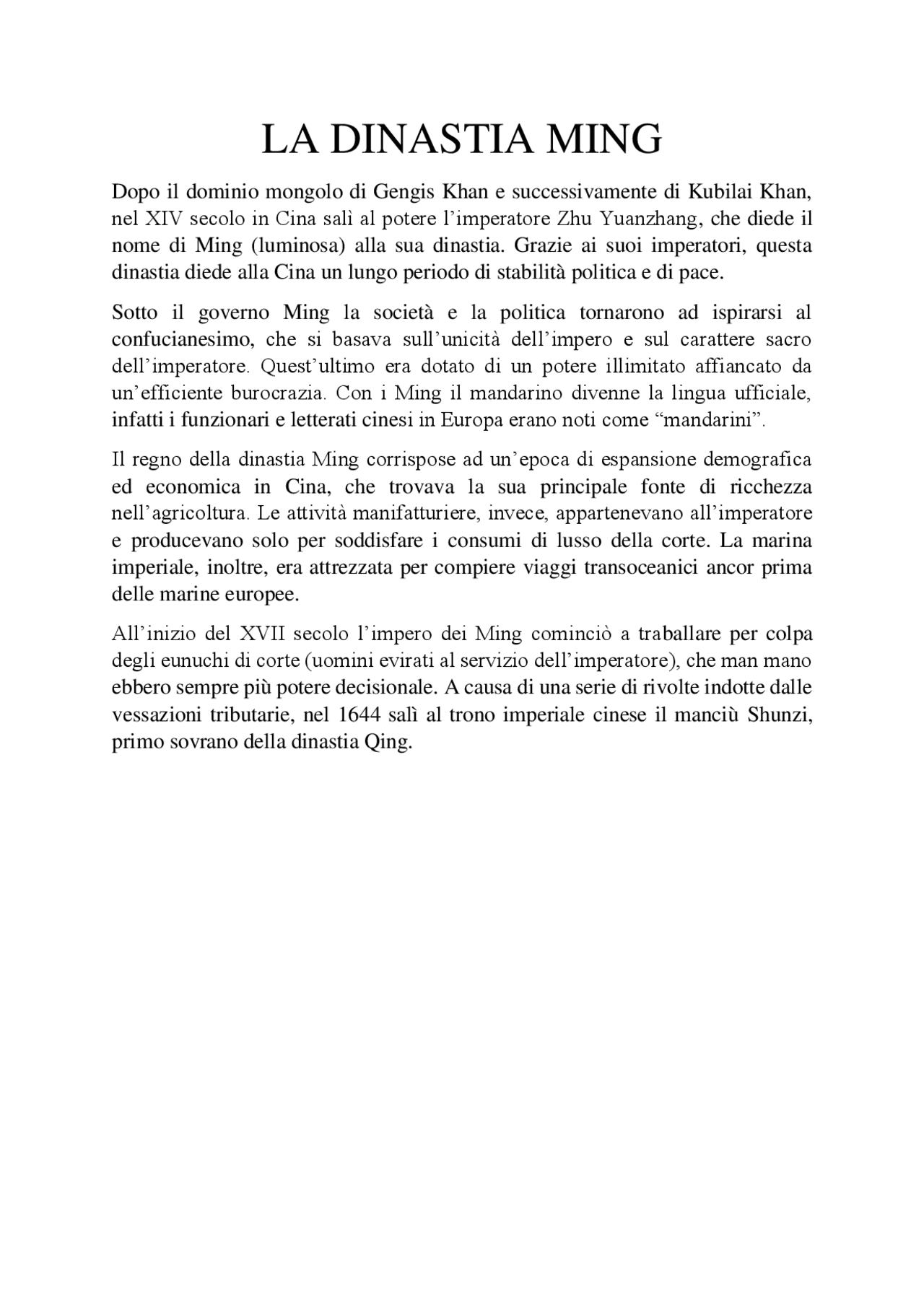 La Dinastia Dei Ming Docsity