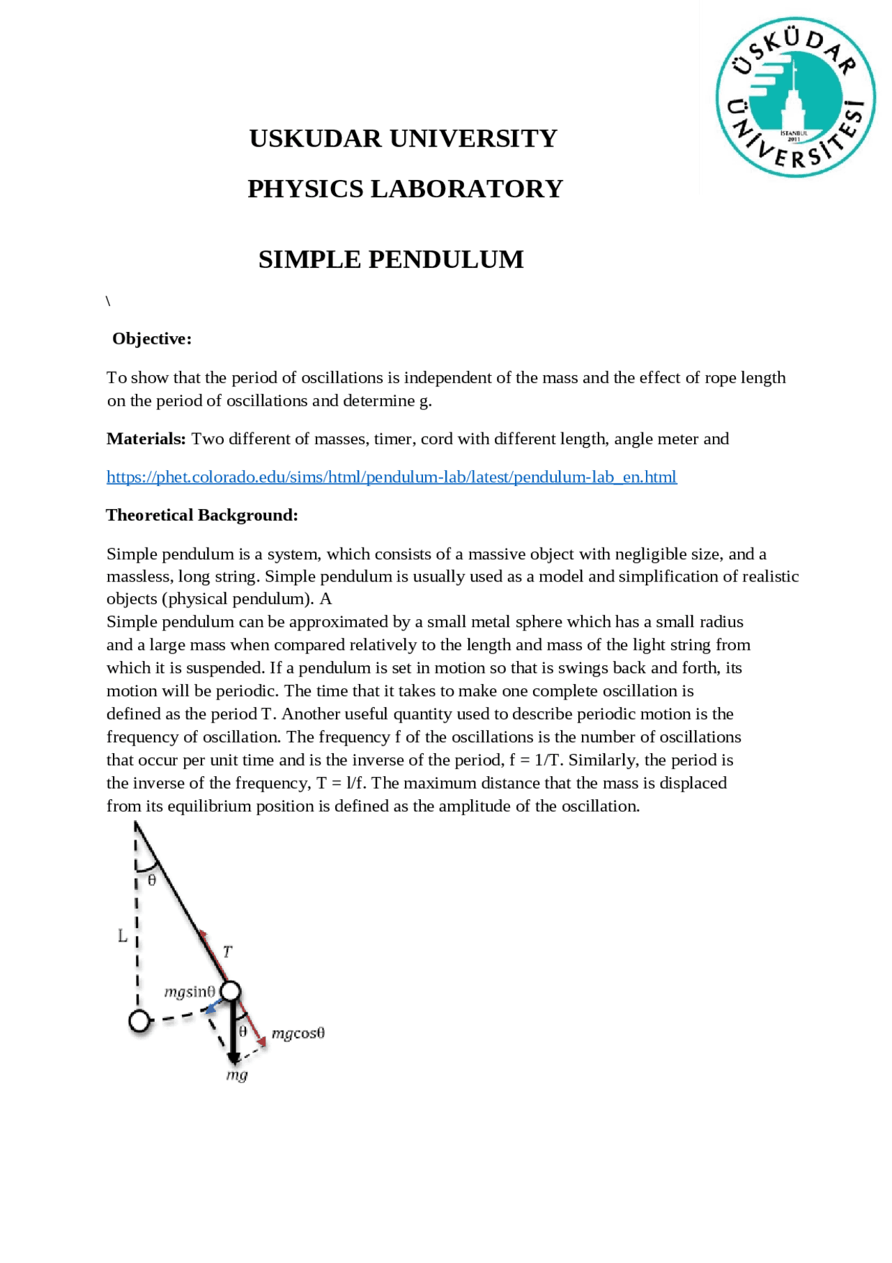 Pendulum Experiment Lab Reports Physics Docsity