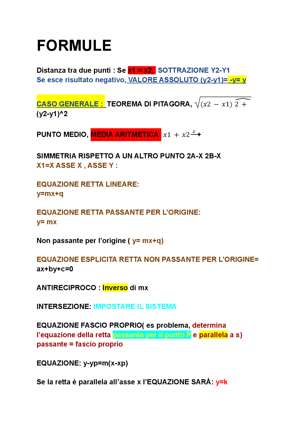 Geometria analitica: formule della retta - Docsity