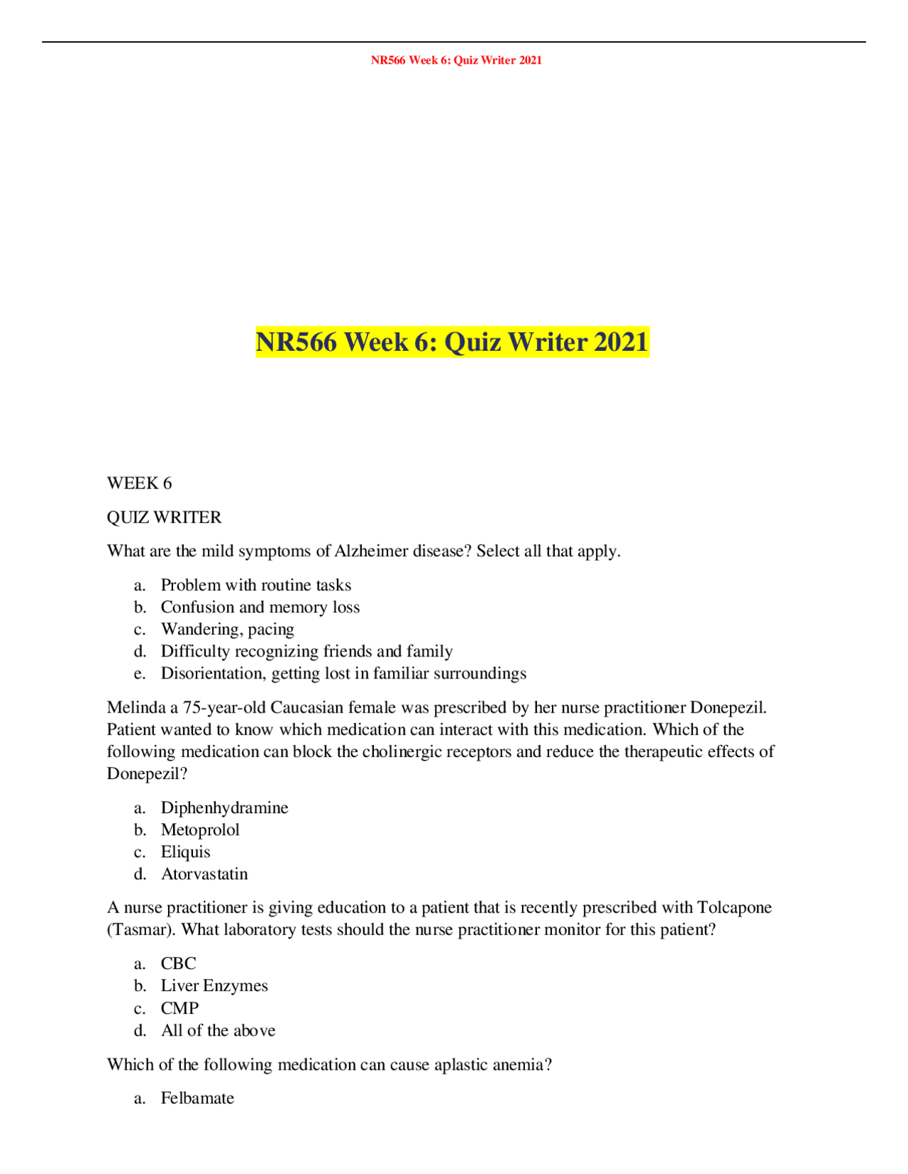 NR566 Week 6: Quiz Writer 2021 - Docsity