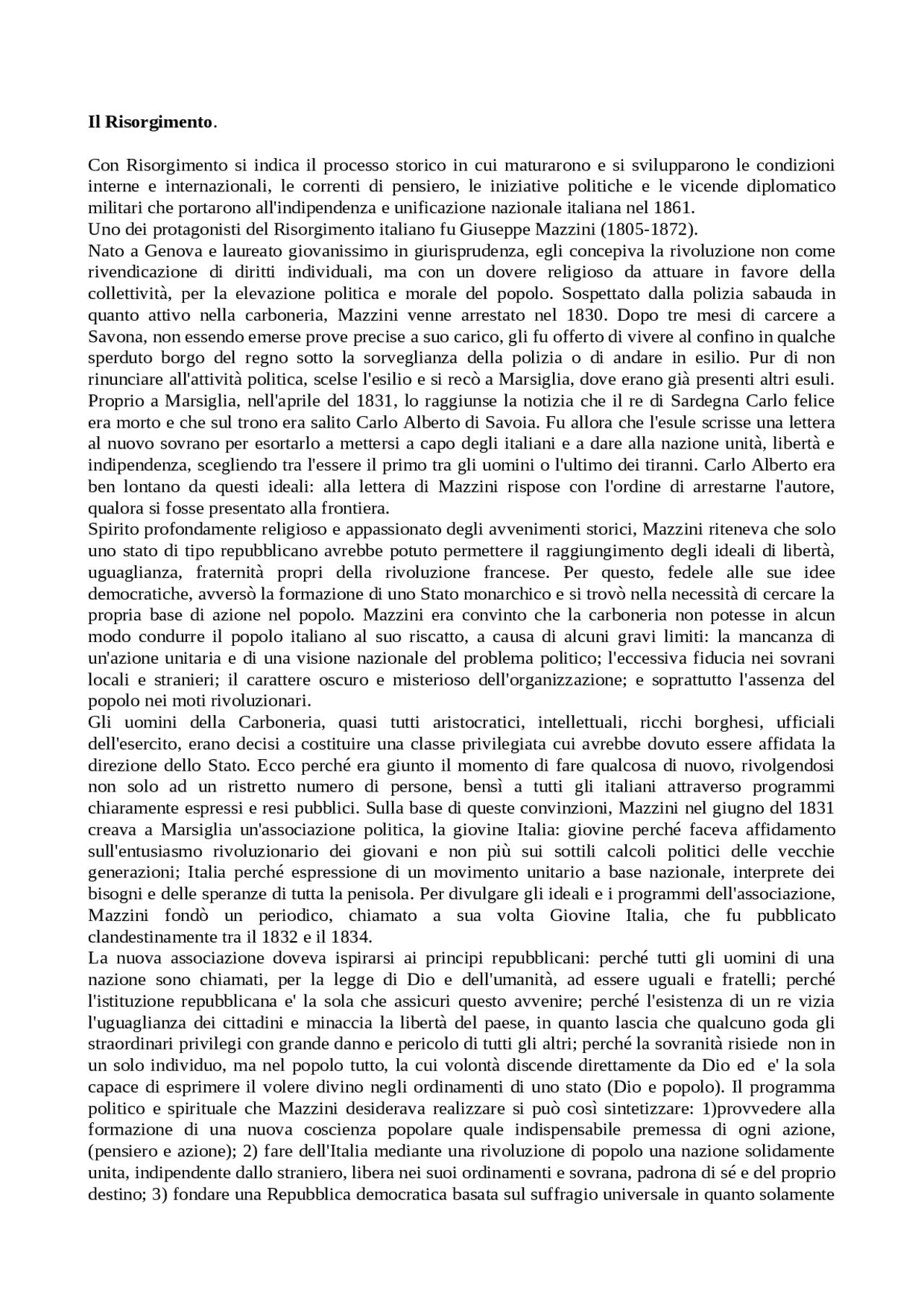 Il Risorgimento (Italiano ed Europeo) - Docsity