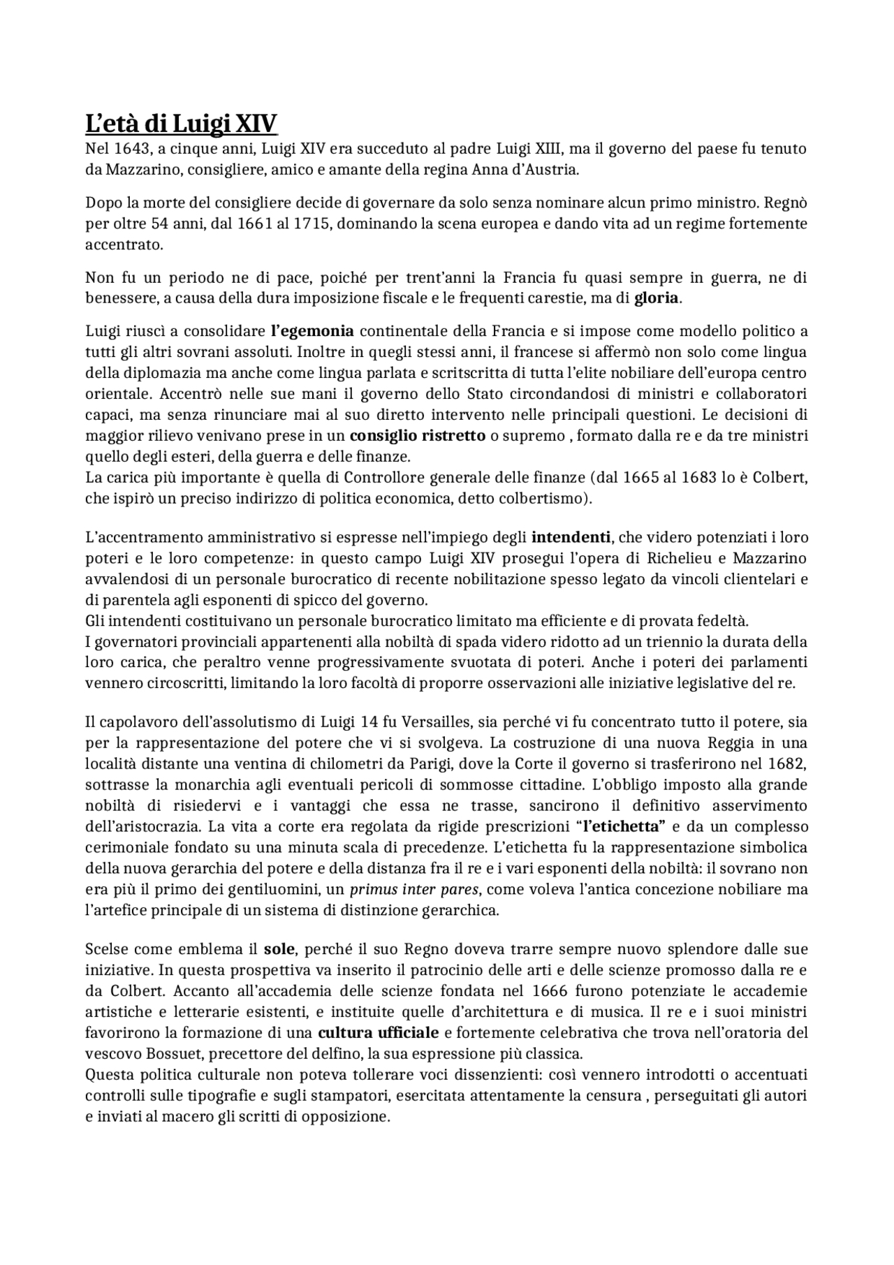 Luigi Xiv Il Re Sole E Luigi Xv Appunti Di Storia Moderna Docsity