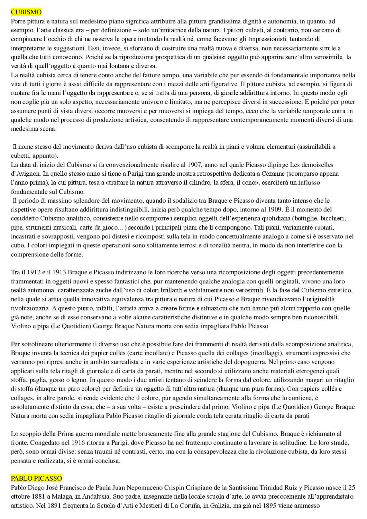 Appunti Cubismo V Anno Docsity