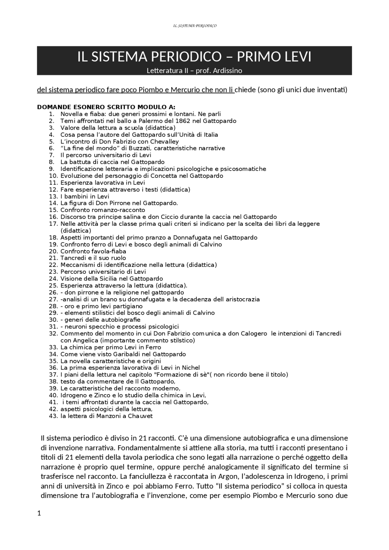 Il Sistema Periodico Letteratura Ii Prof Ardissino Docsity