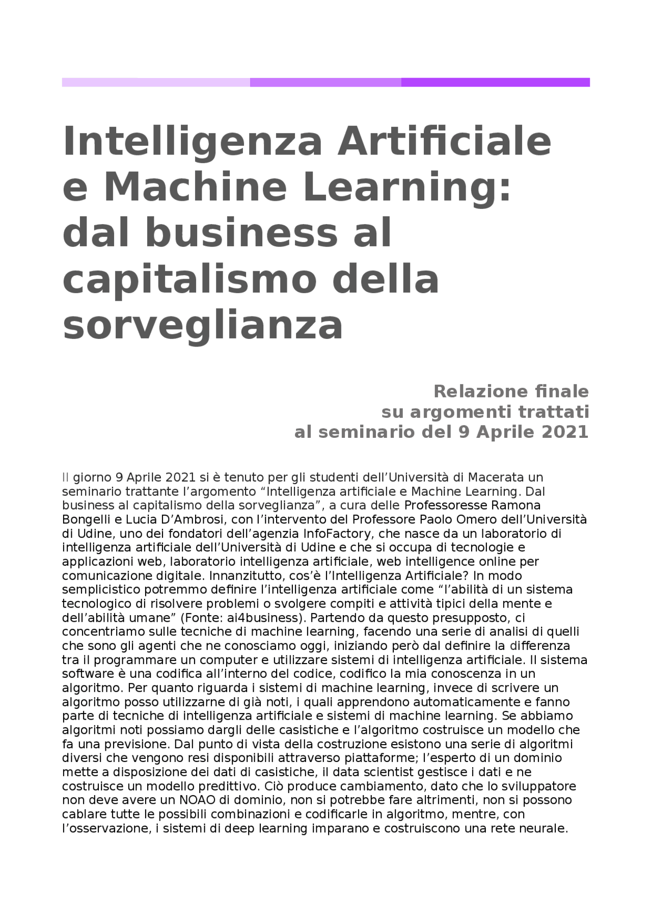 Relazione seminario intelligenza artificiale e machine learning - Docsity
