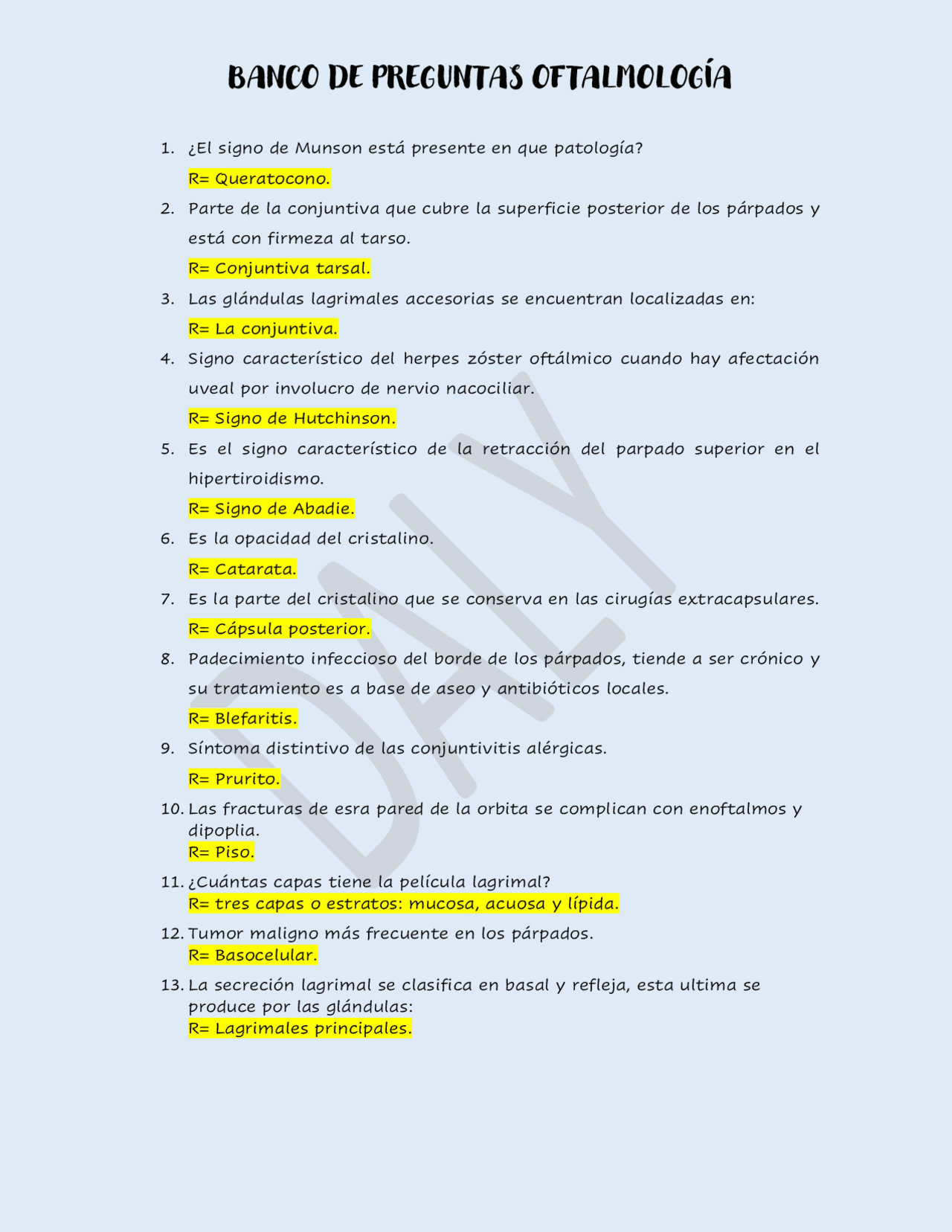 Banco de preguntas Oftalmología. | Ejercicios de Oftalmología | Docsity