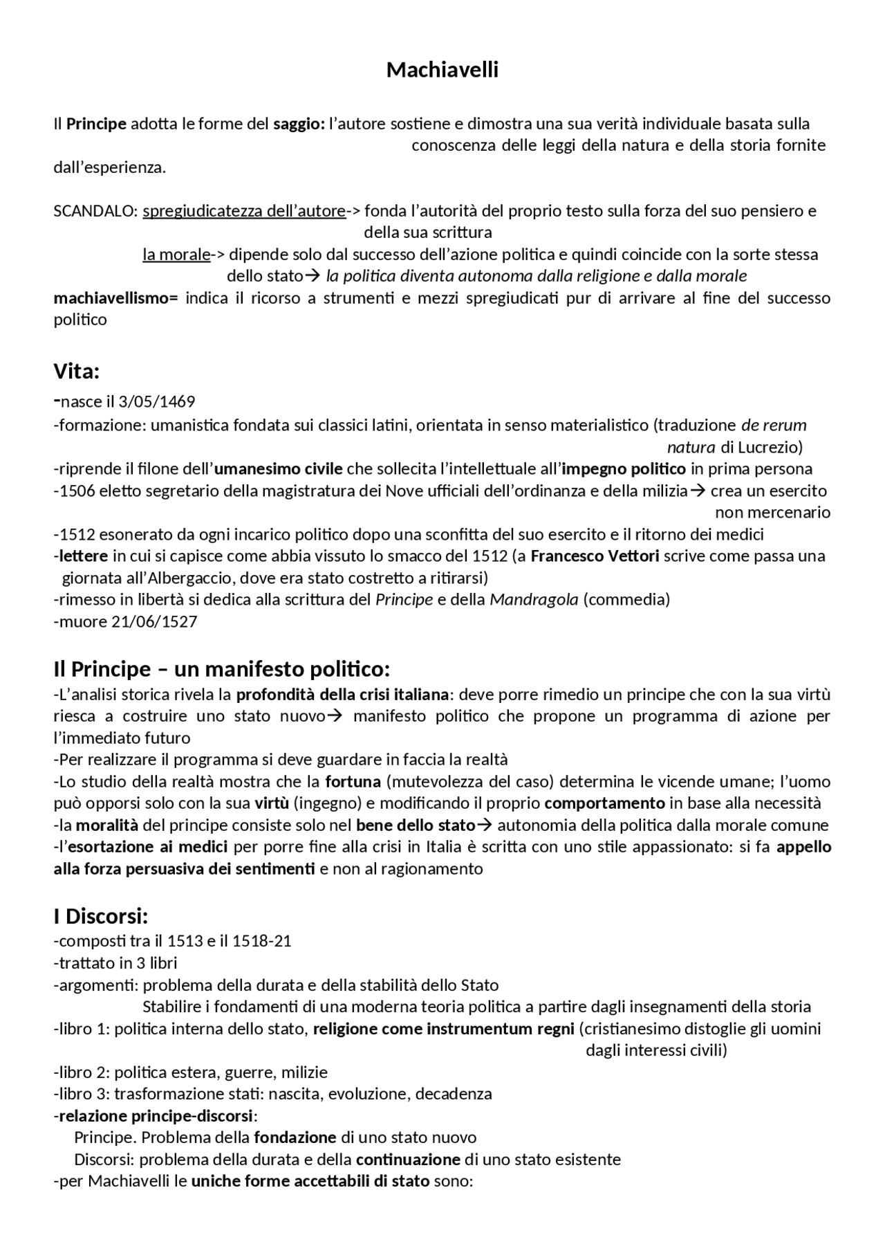 Machiavelli Sintesi Di Vita E Opere Docsity