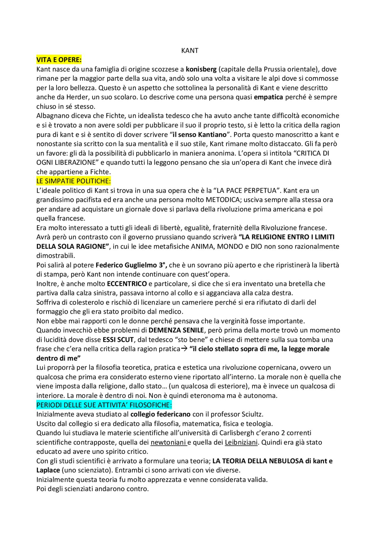 Appunti Su Vita E Opere Di Kant Docsity