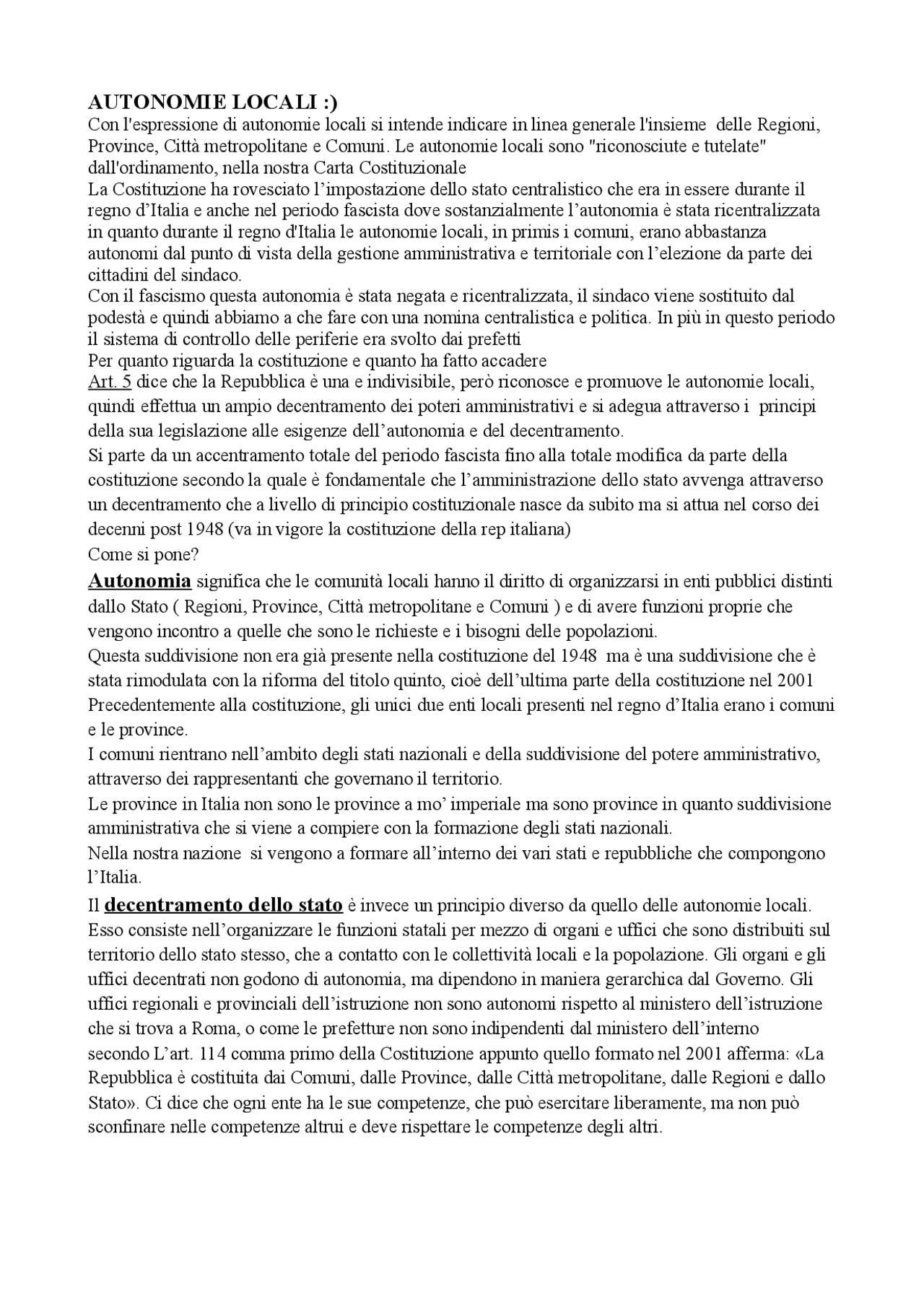 Autonomie Locali E Principio Di Sussidiarietà Docsity
