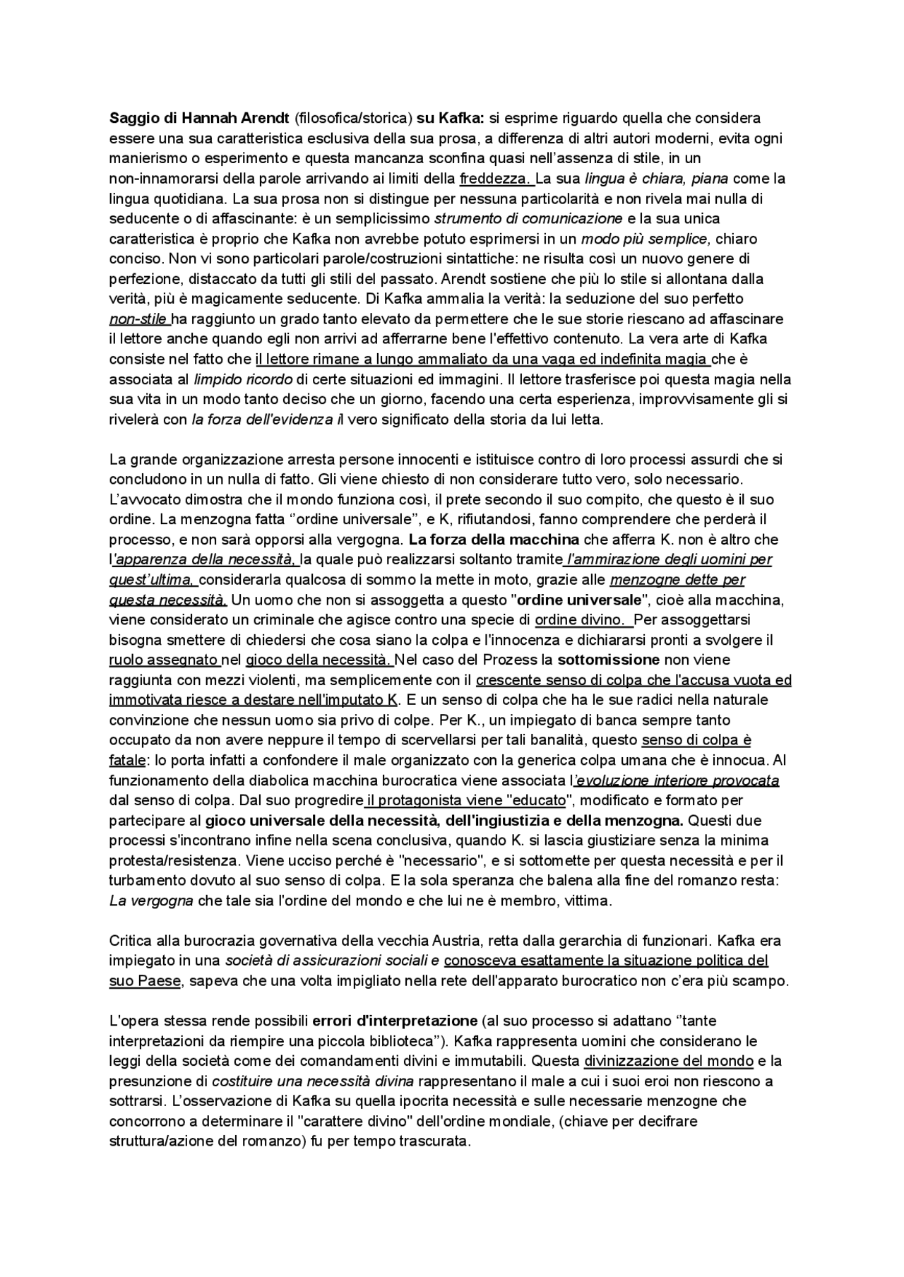 Hannah Arendt Analisi Kafka Docsity