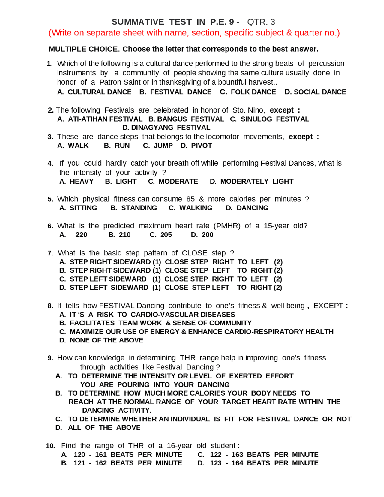 Summative test Physical Education 9 | Exams Physical education | Docsity