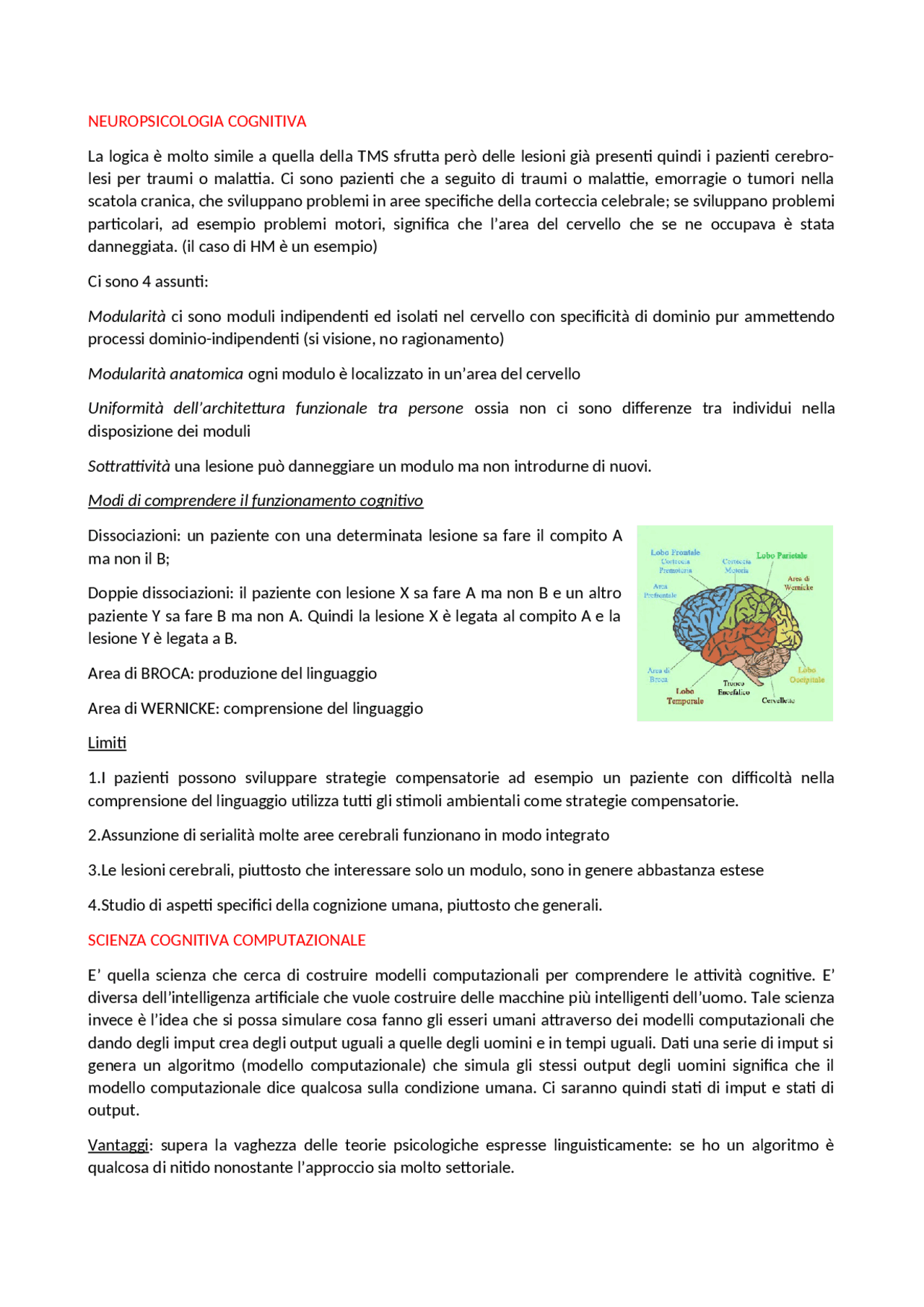 Neuropsicologia Cognitiva E Scienza Cognitiva Computazionale Docsity