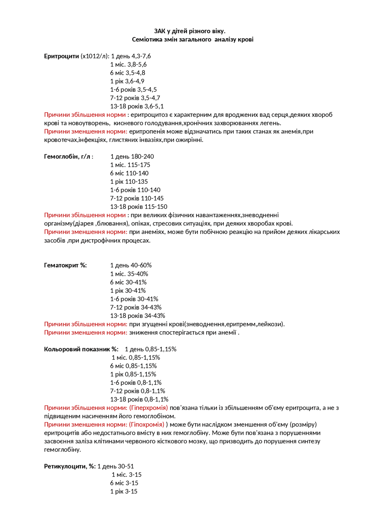 норми аналізу крові педіатрія Docsity