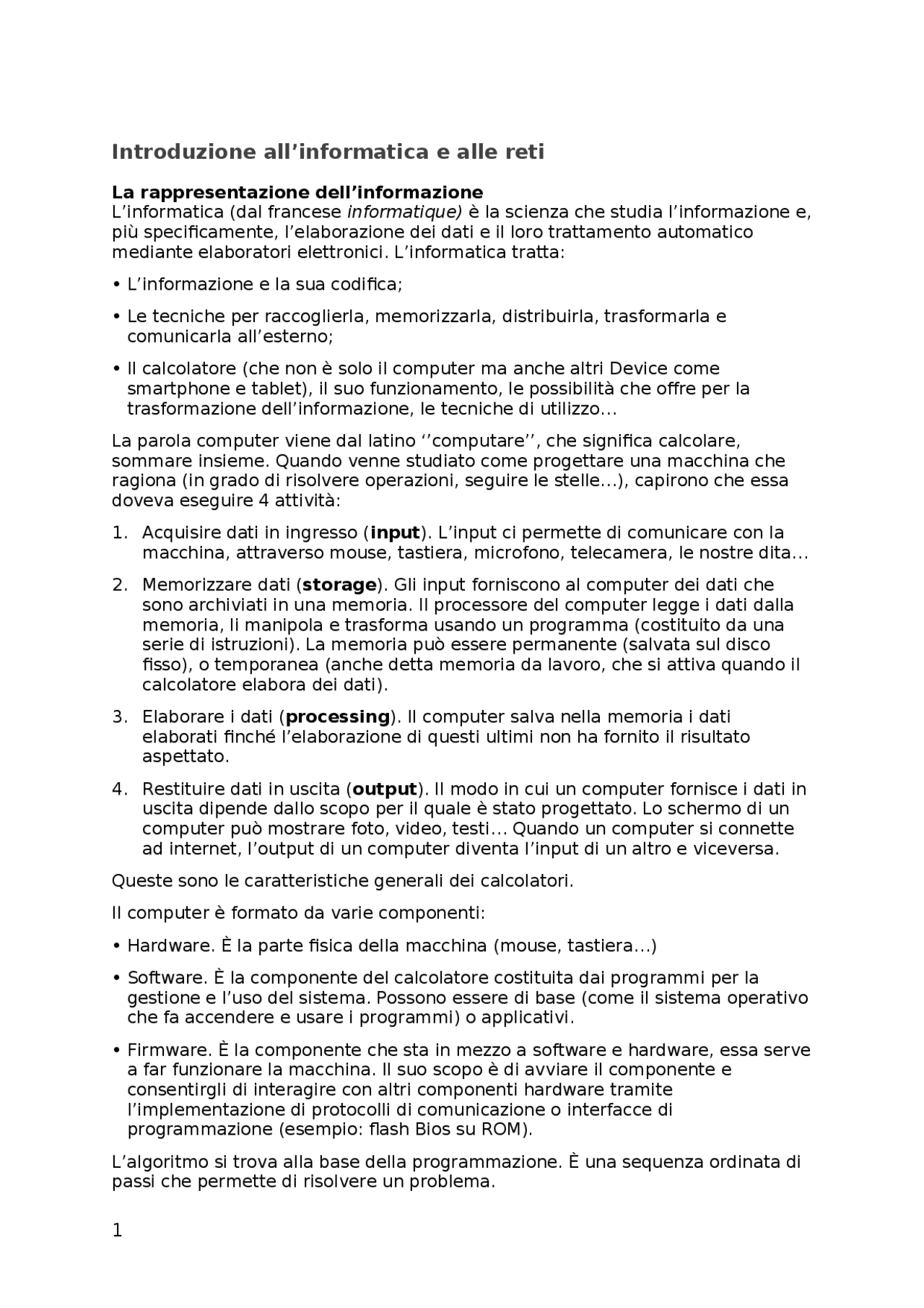 Introduzione all'informatica e alle reti | Appunti di Fondamenti di informatica | Docsity