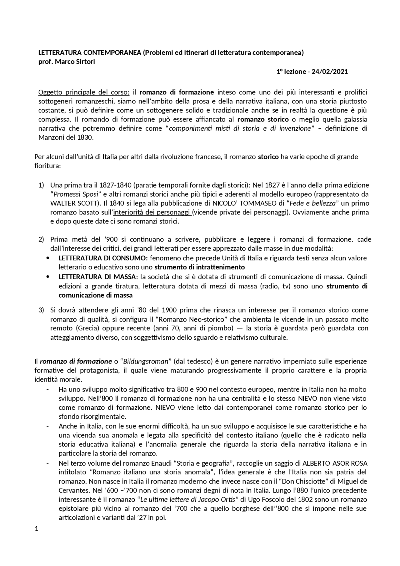 Appunti Del Corso Di Letteratura Contemporanea Docsity