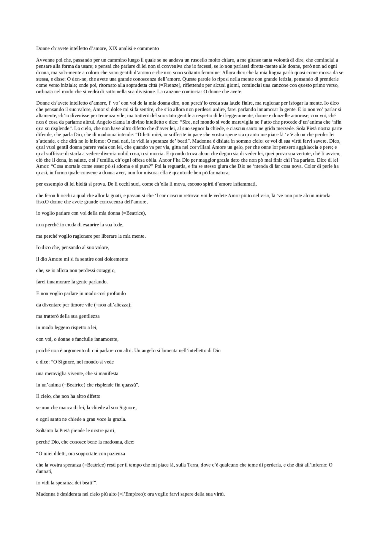 Donne ch'avete intelletto d'amore - Docsity