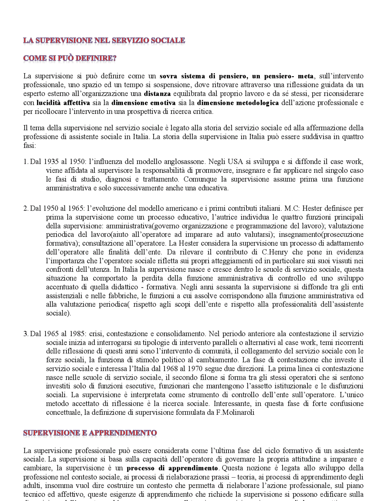 La supervisione nel servizio sociale - Docsity