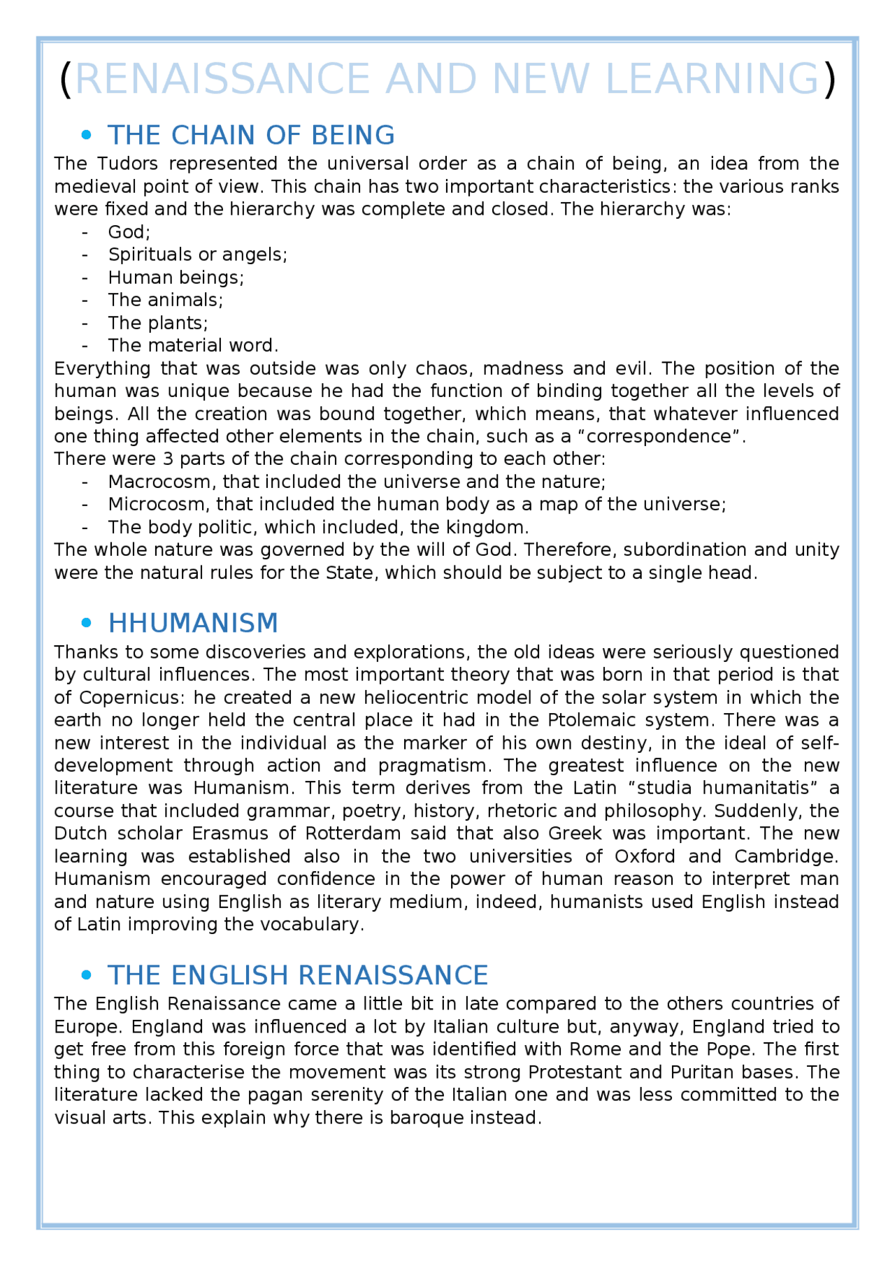 The Humanism And The English Renaissance Docsity