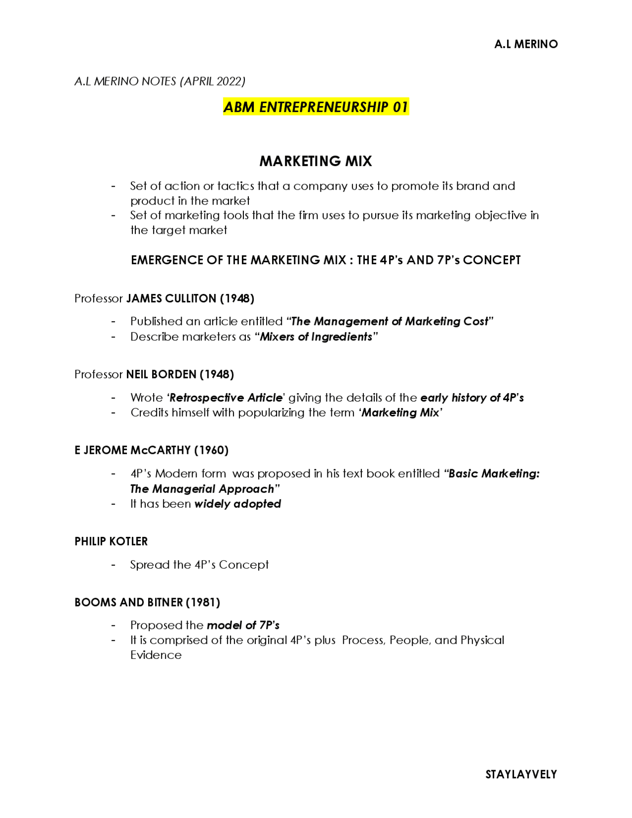 ENTREPRENEURSHIP - MARKETING MIX - Docsity